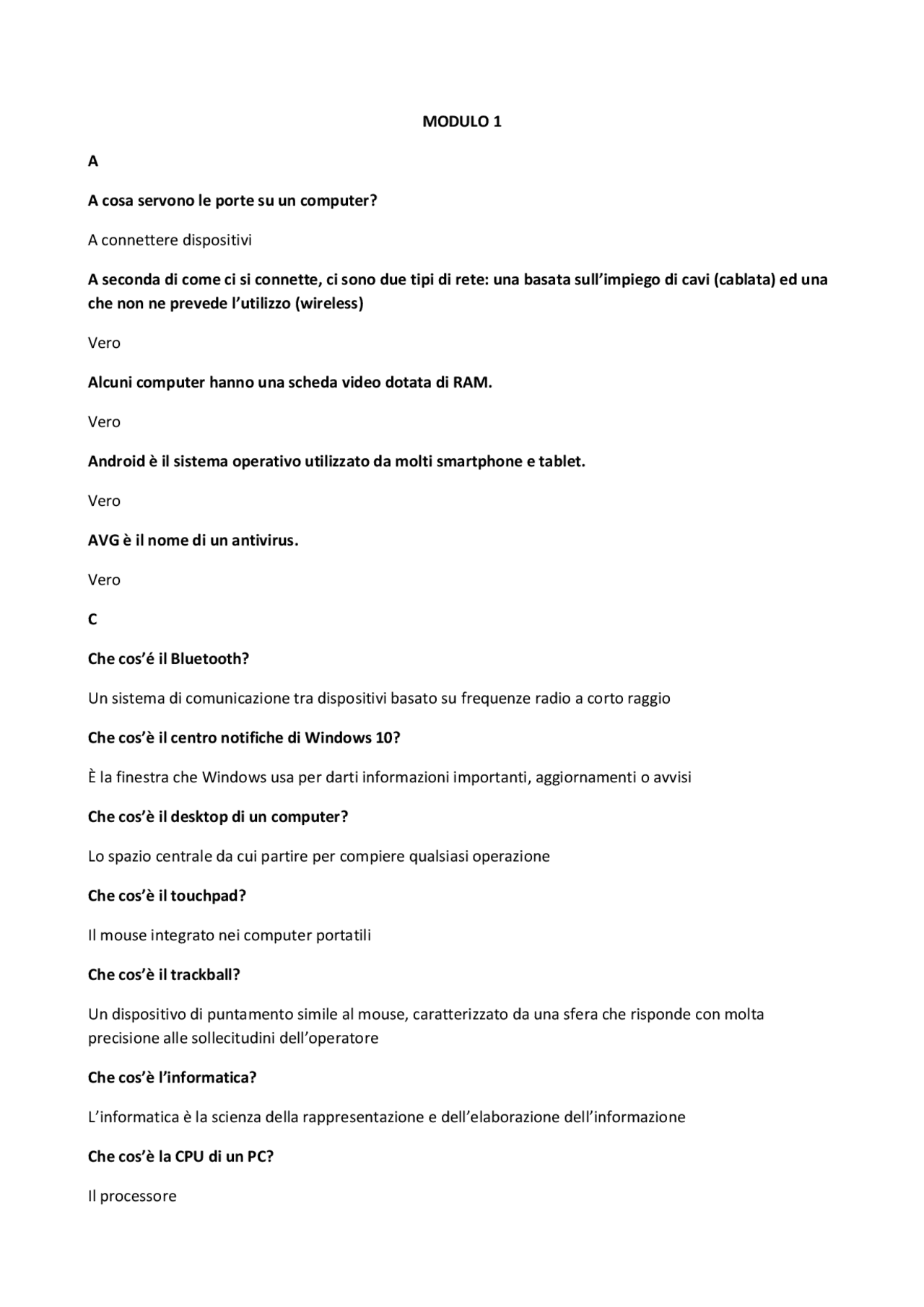 Modulo 1 Eipass 7 Moduli Esercizi Di Elementi Di Informatica Docsity