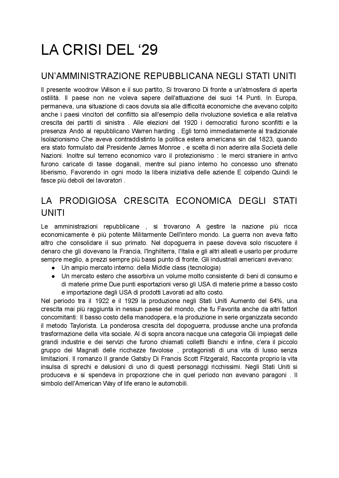 Riassunto crisi del '29 - Docsity
