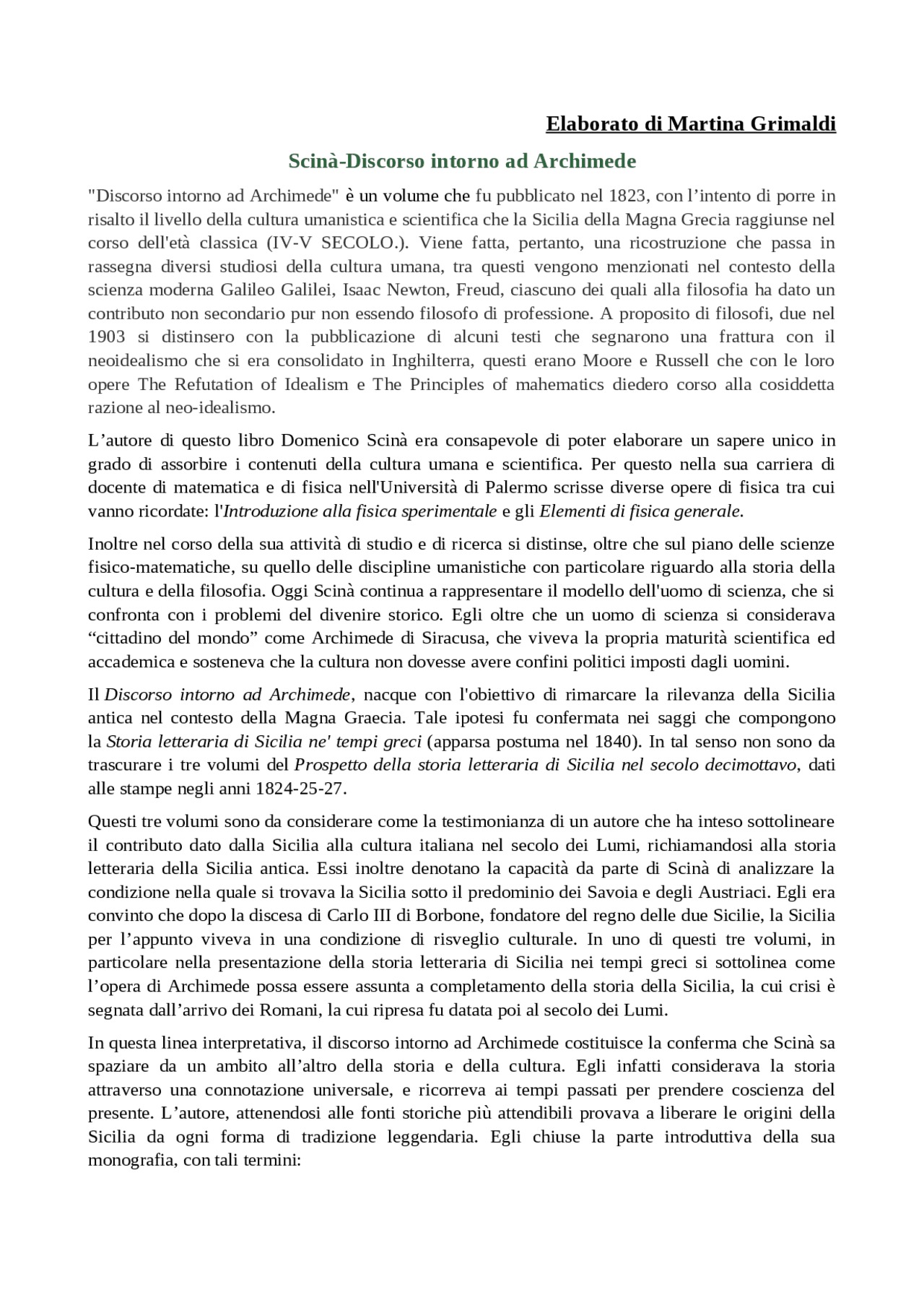Riassunto Discorso Intorno Ad Archimede Di Scinà Docsity