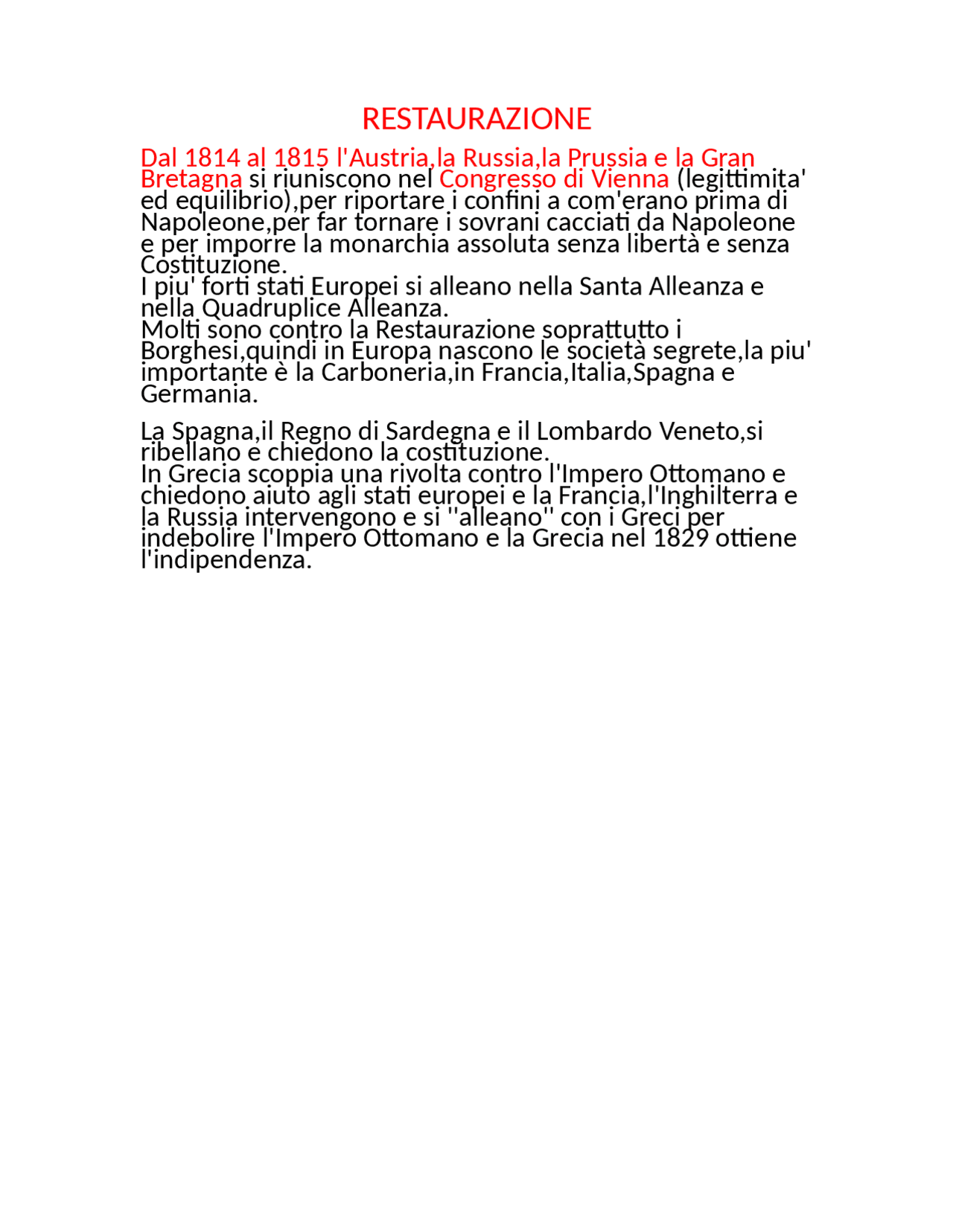 Restaurazione In Storia Per Ragazzi Docsity
