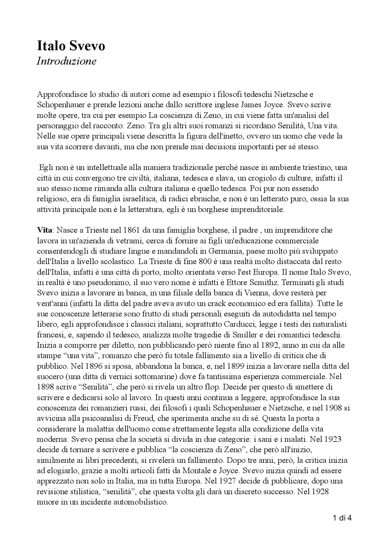 Italo Svevo (vita e opere) - Docsity