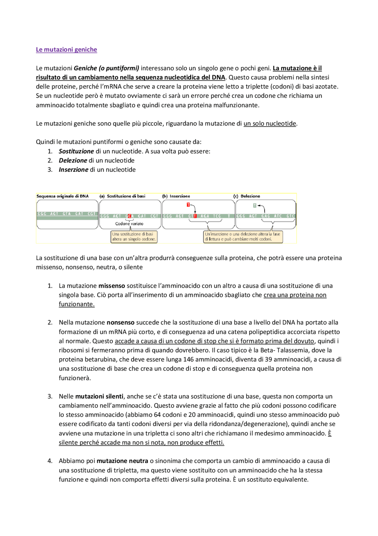 Mutazioni Geniche Puntiformi - Biologia Generale - Docsity