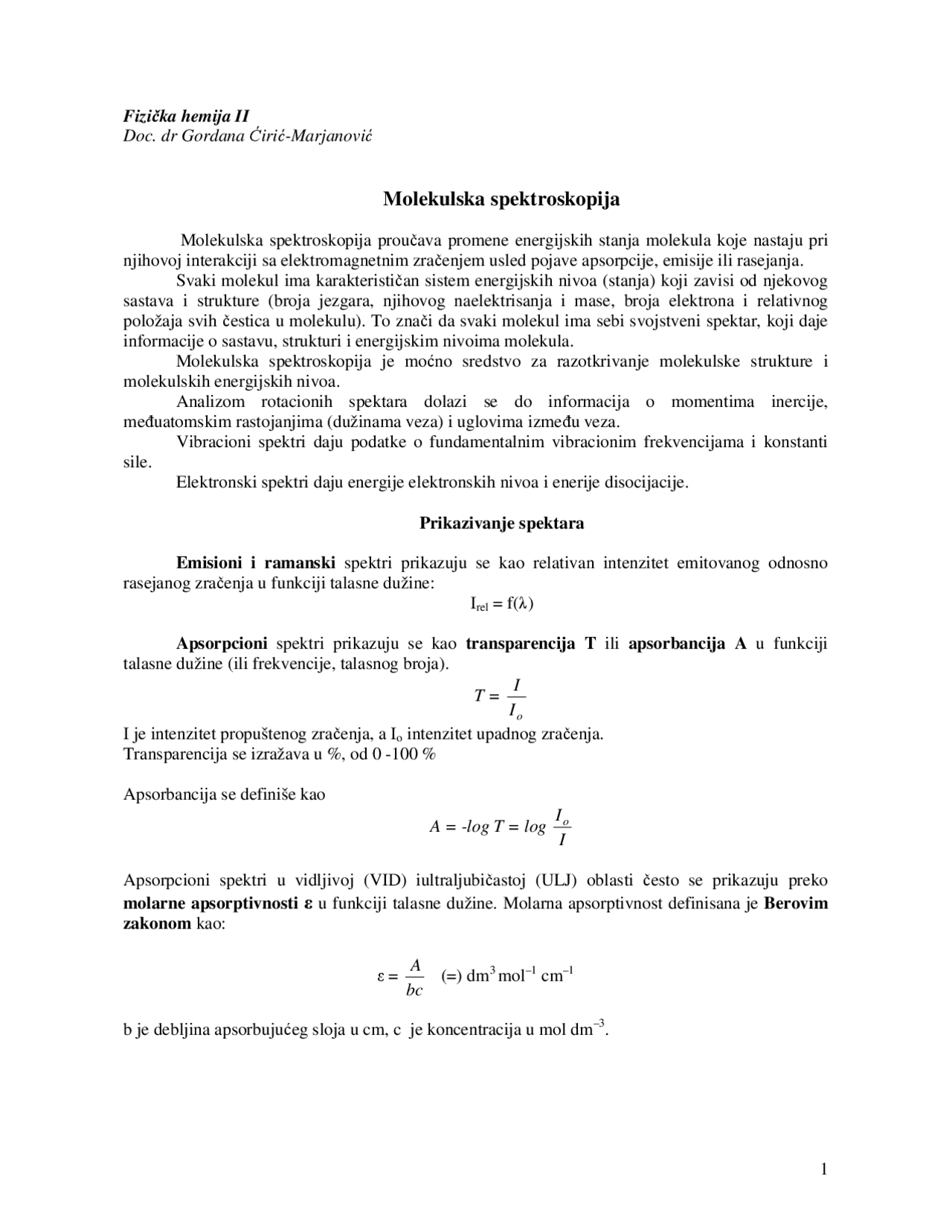 Molekulska Spektrohemija Beleške Predlog Hemija Docsity