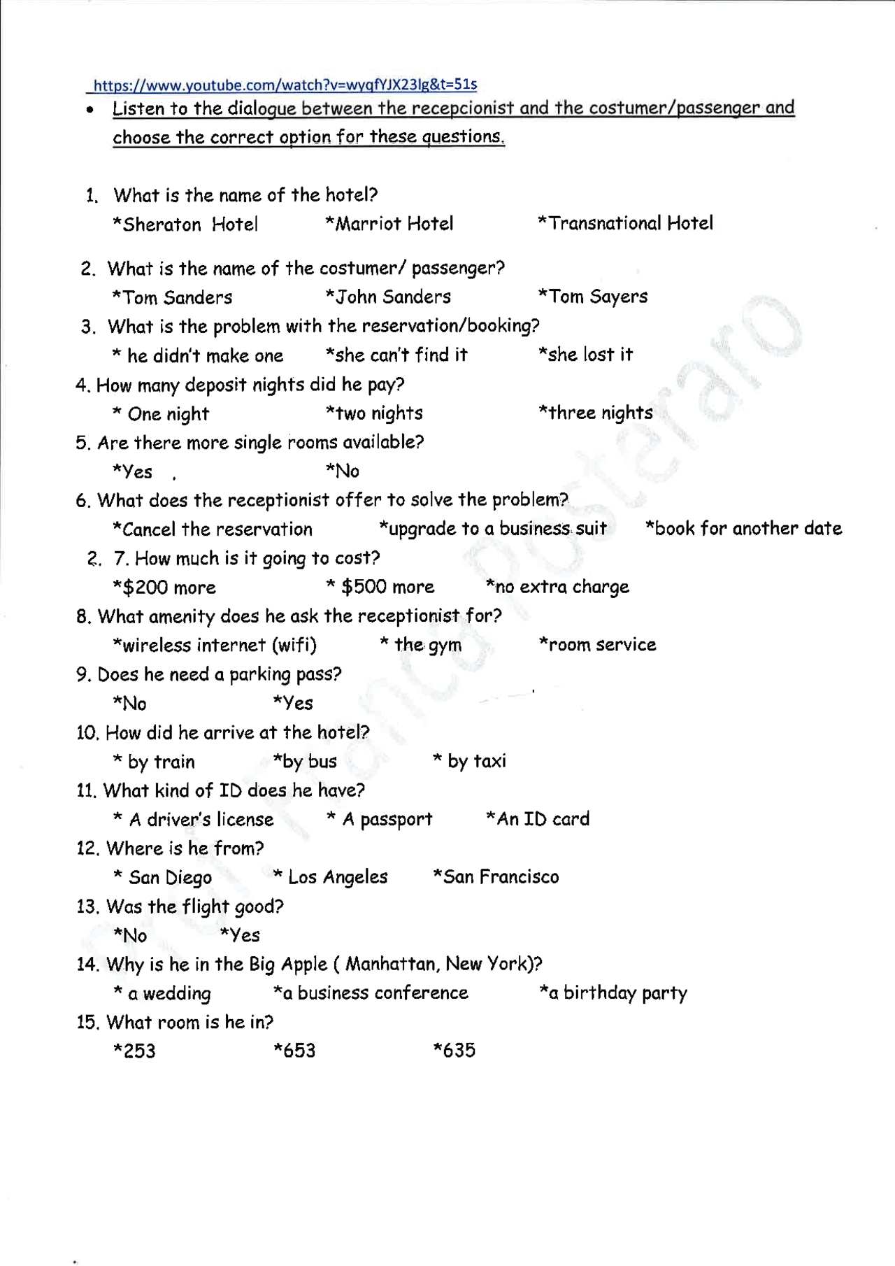 Diálogo Hotel-Recepcionista y cliente | Apuntes de Inglés | Docsity