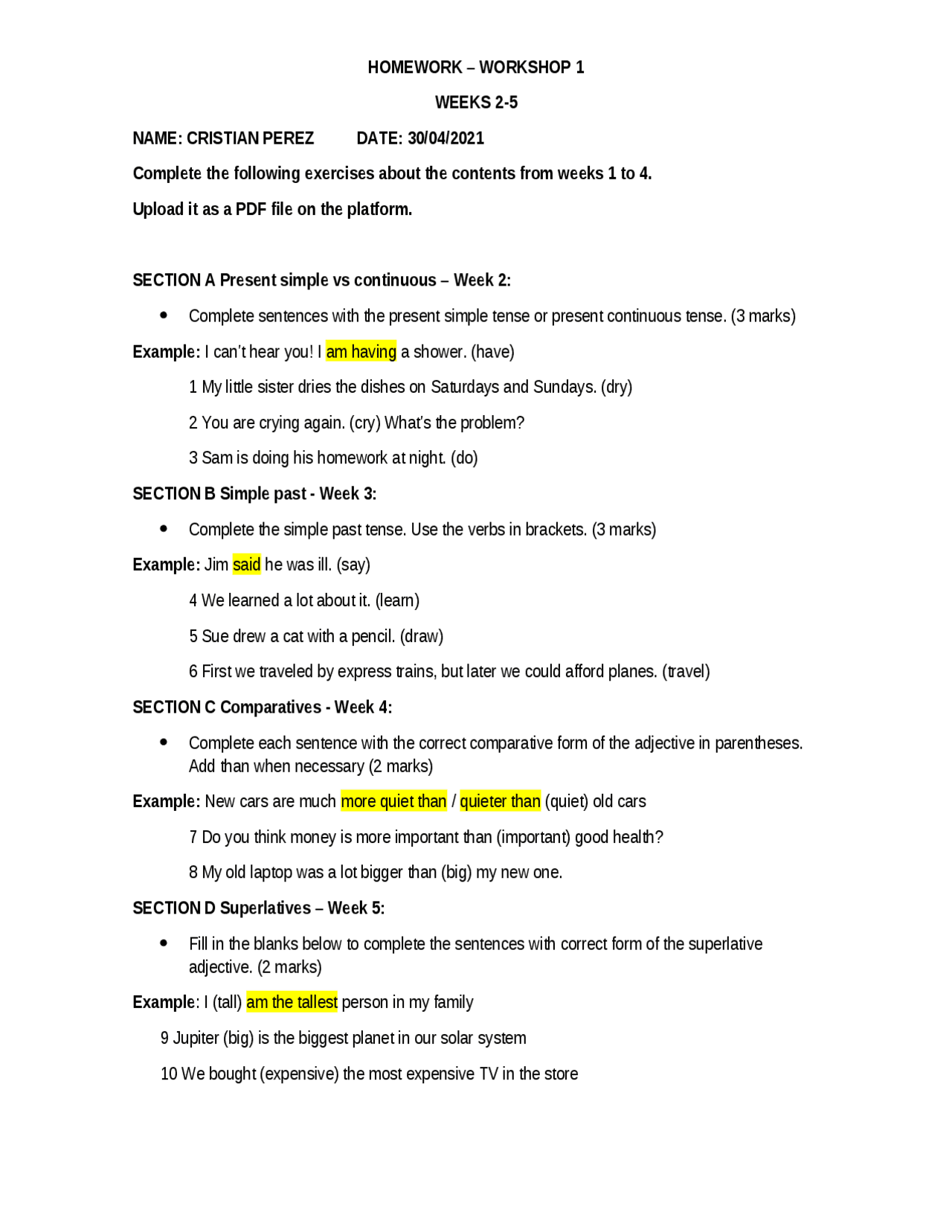 My Homework Workshop Docsity