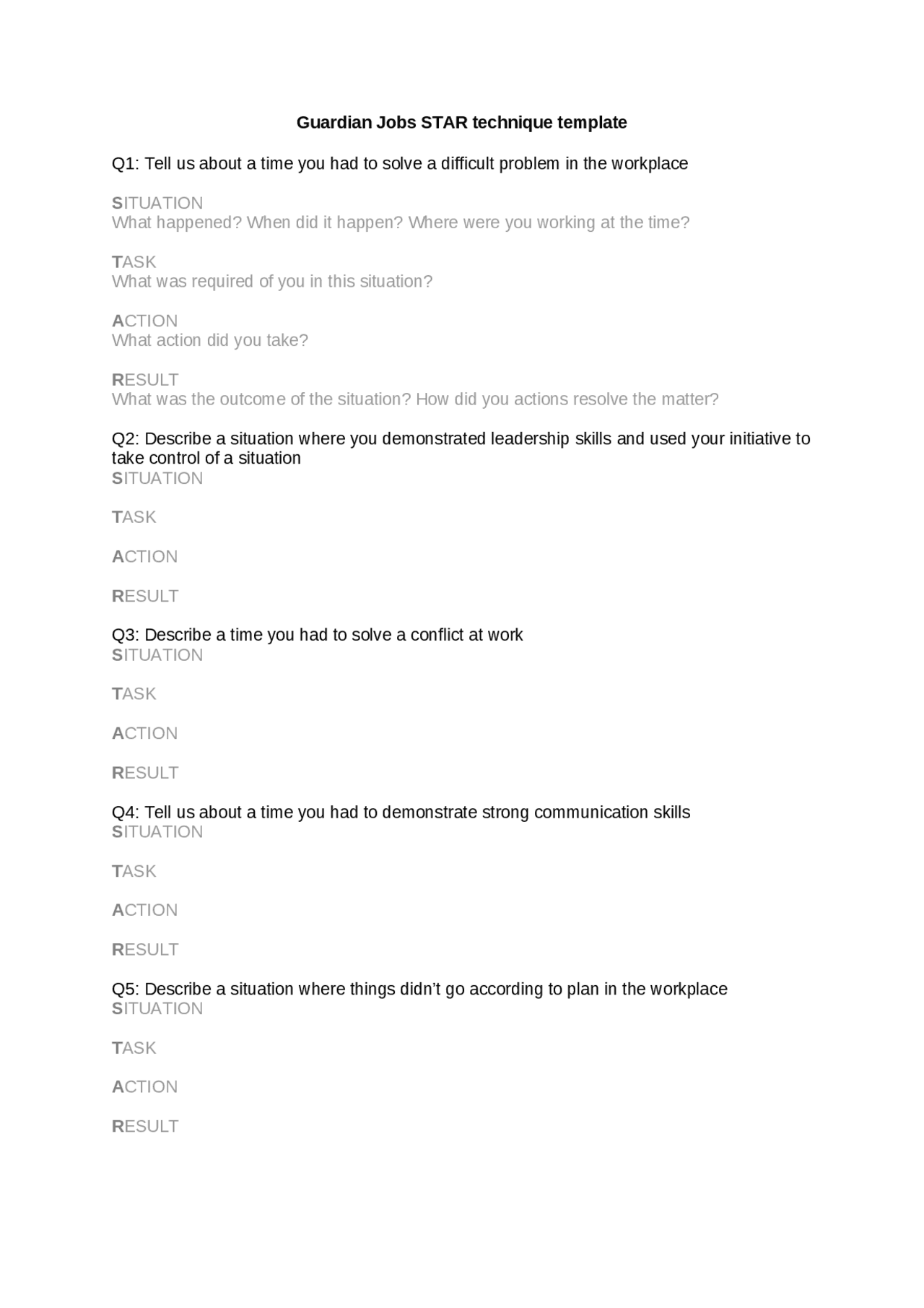 STAR technique template for Job Interview Exam - Docsity