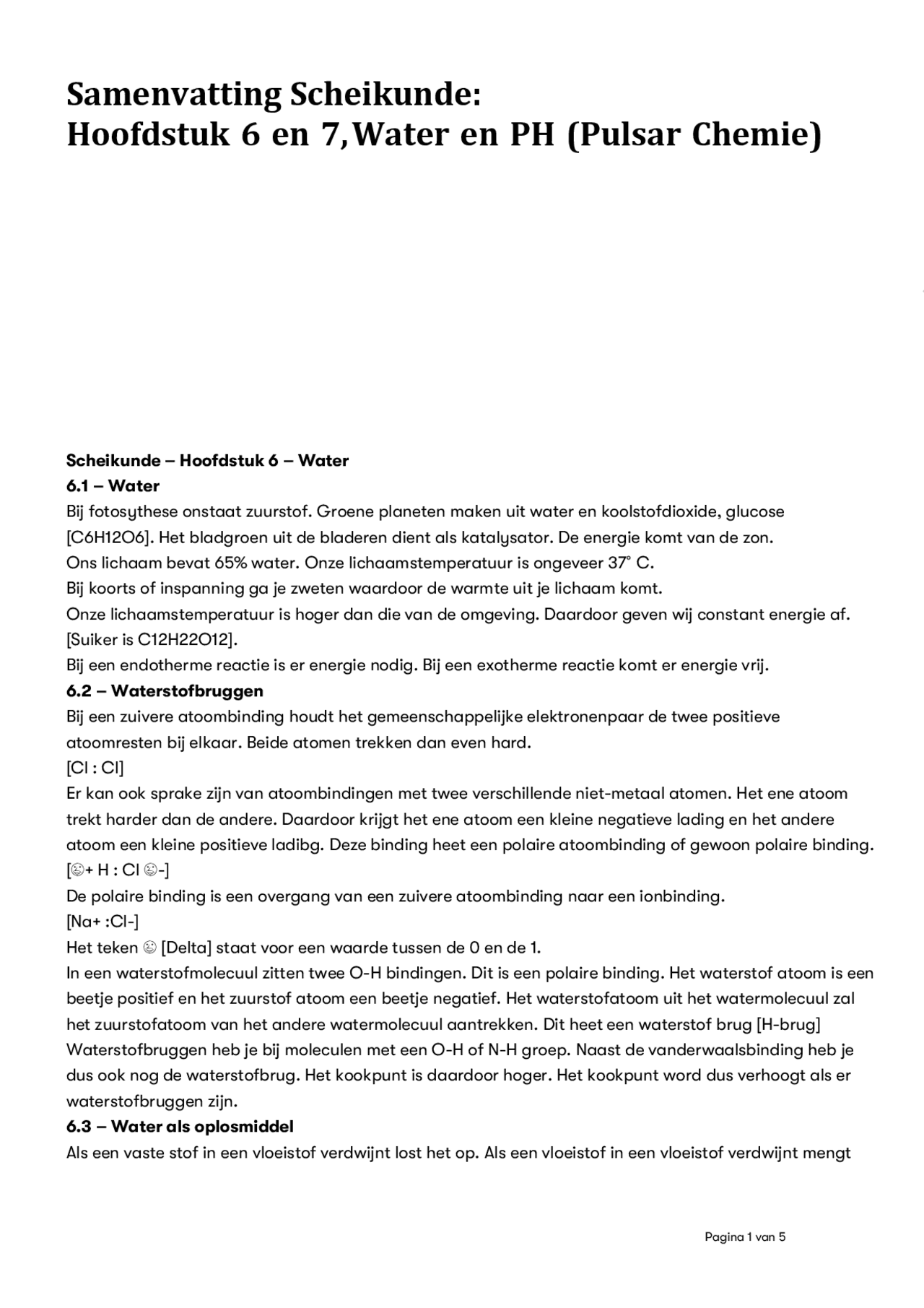 Overzicht Scheikunde: Hoofdstuk 6 en 7,Water en PH (Pulsar Chemie ...