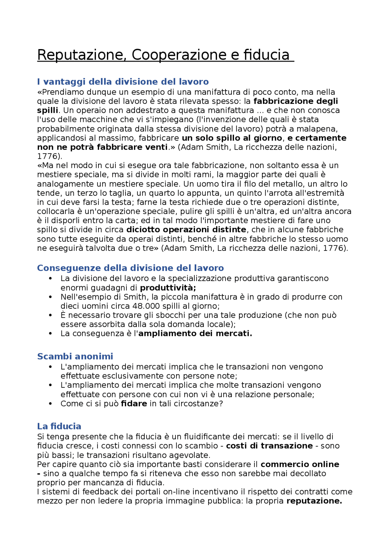 Reputazione Cooperazione Fiducia Docsity