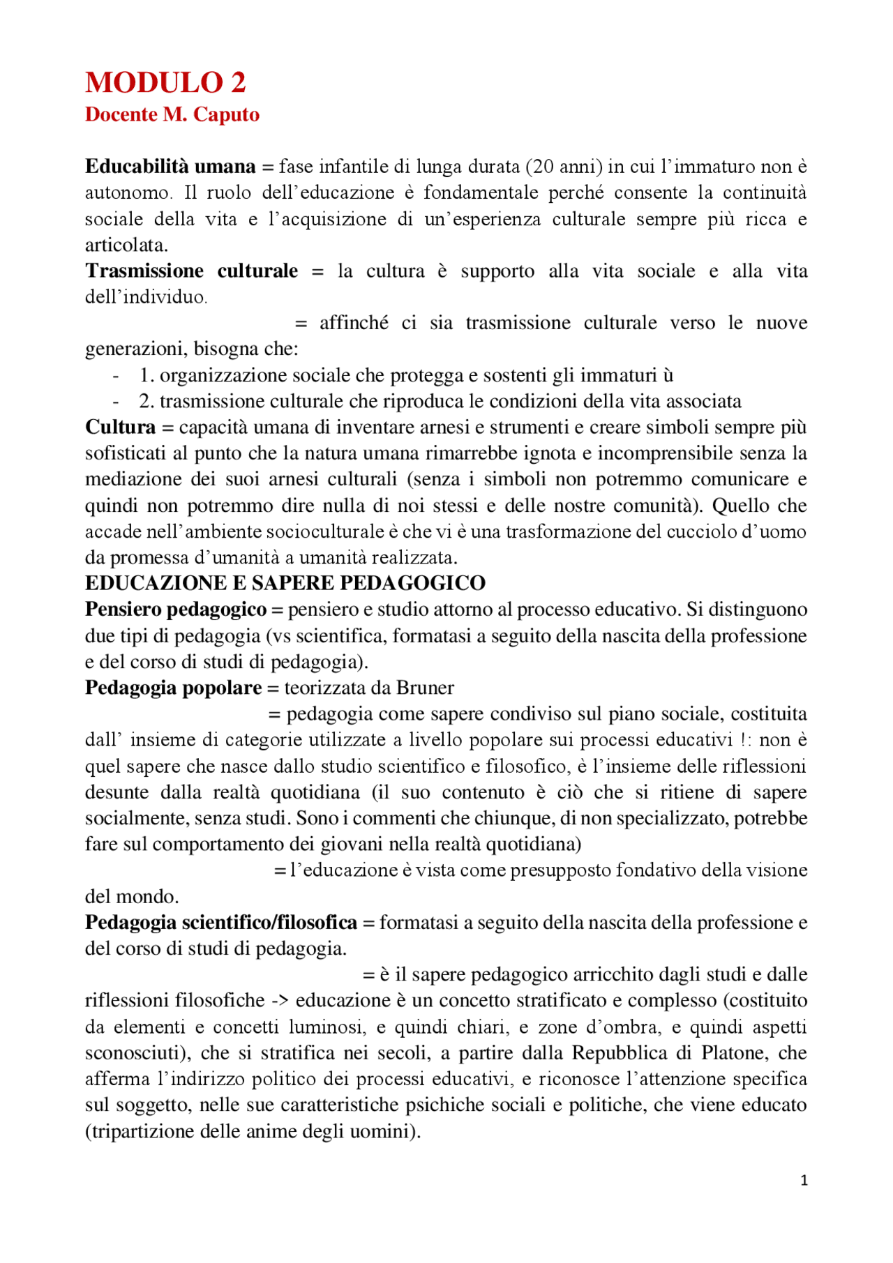 Pedagogia Generale Modulo 2 Docsity