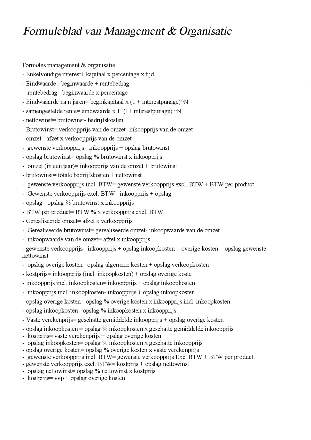 Formula Sheet for Management & Organization: Financial and Accounting ...