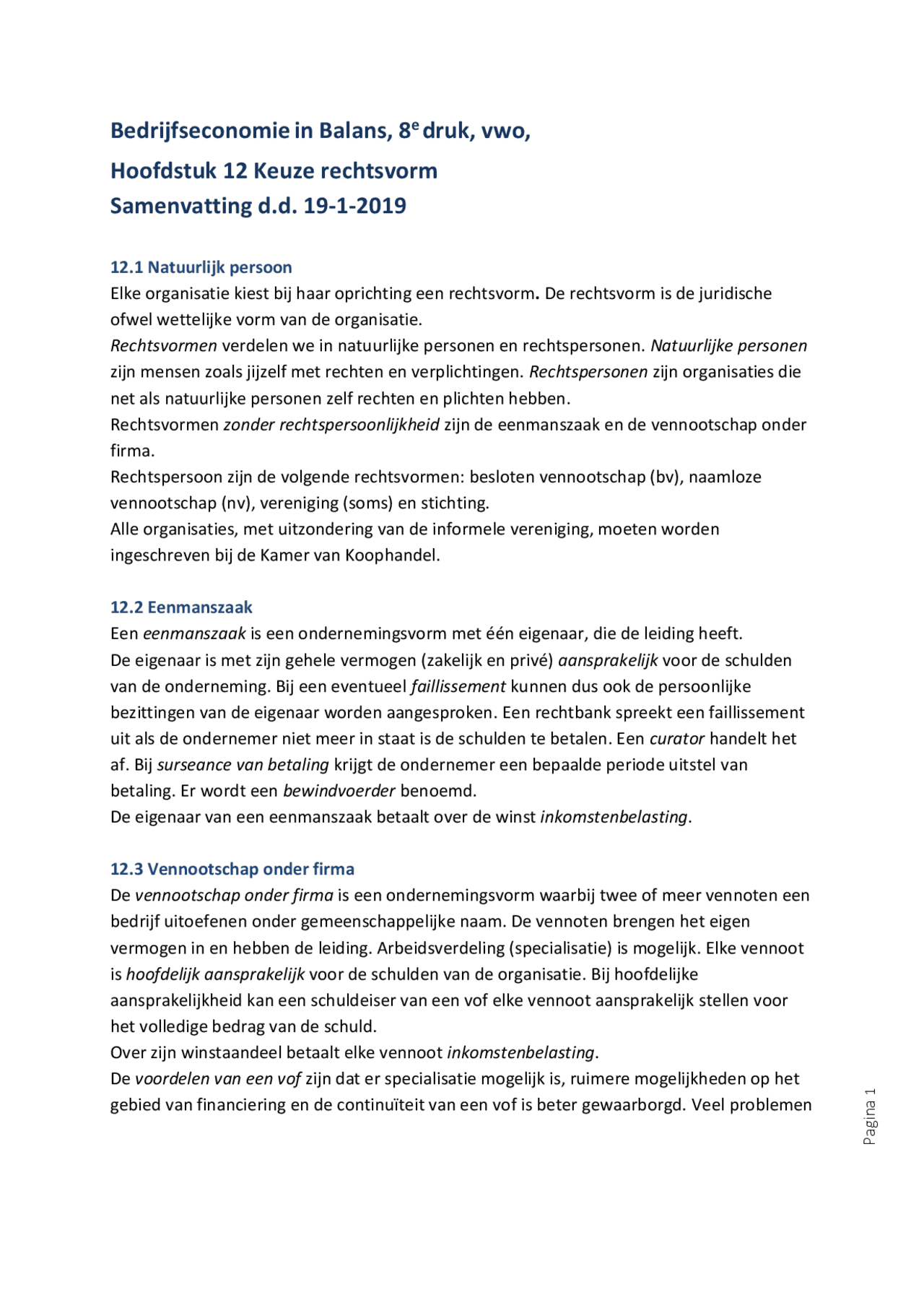 Overzicht Bedrijfseconomie: Hoofdstuk 12 Keuze rechtsvorm - Docsity