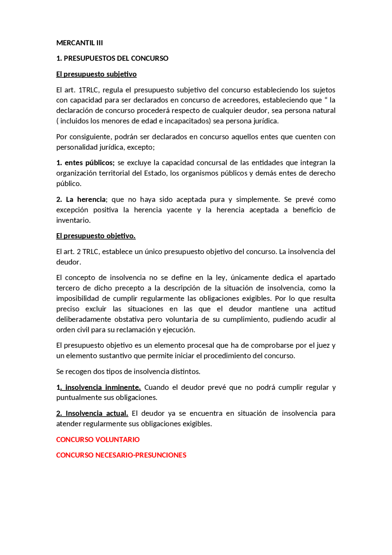 Derecho Mercantil Iii Concursal Docsity