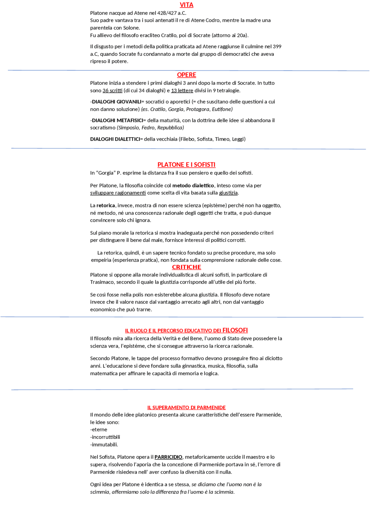 Riassunto Sulle Teorie Di Platone Docsity