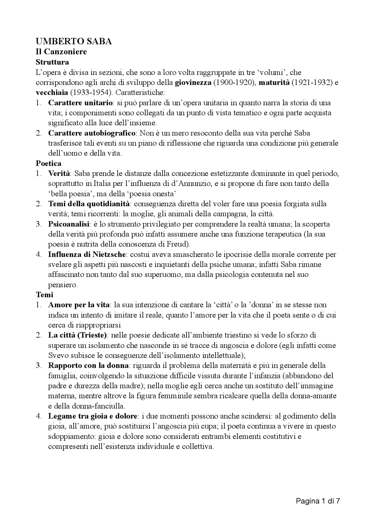 Vita E Opere Di Umberto Saba Docsity