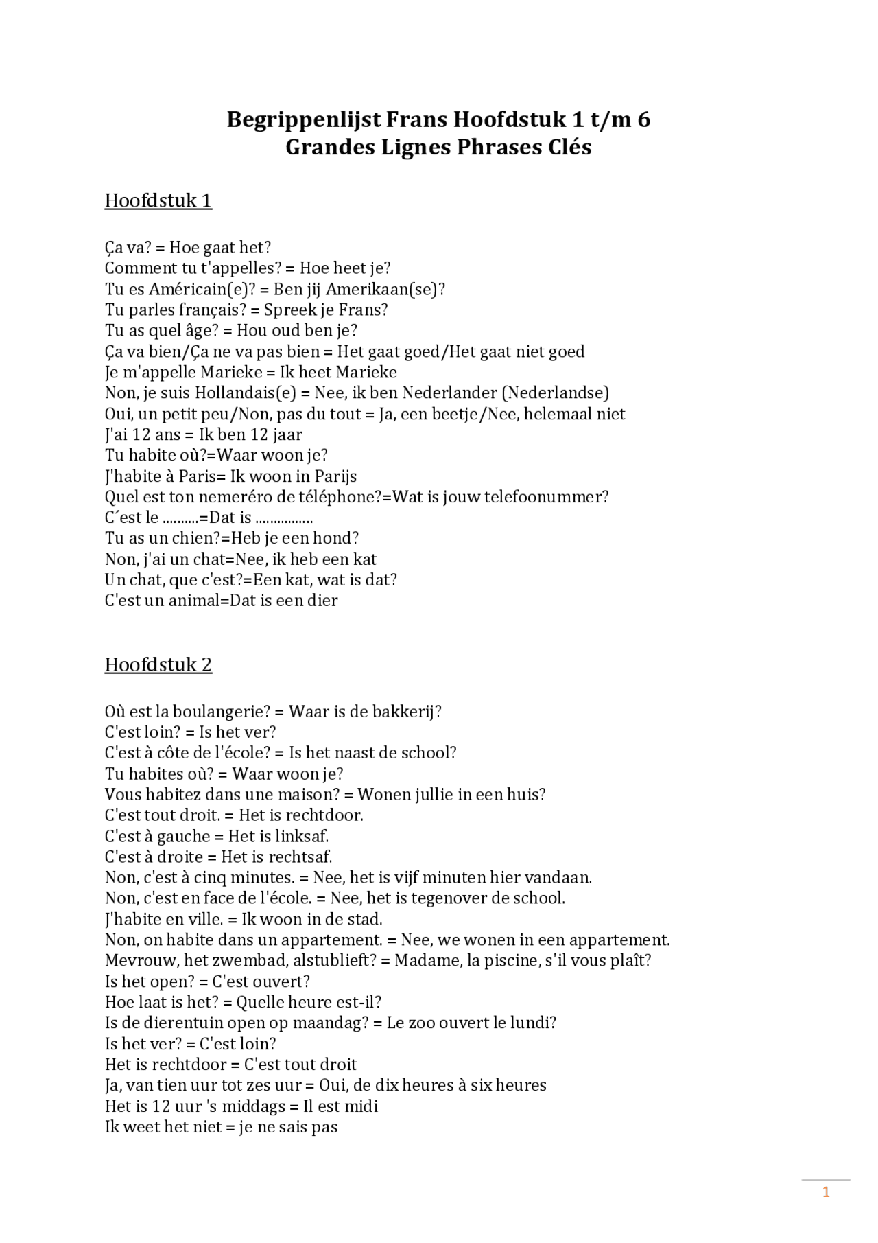 Begrippenlijst Frans Hoofdstuk 1 t/m 6 Grandes Lignes: Phrases Clés ...