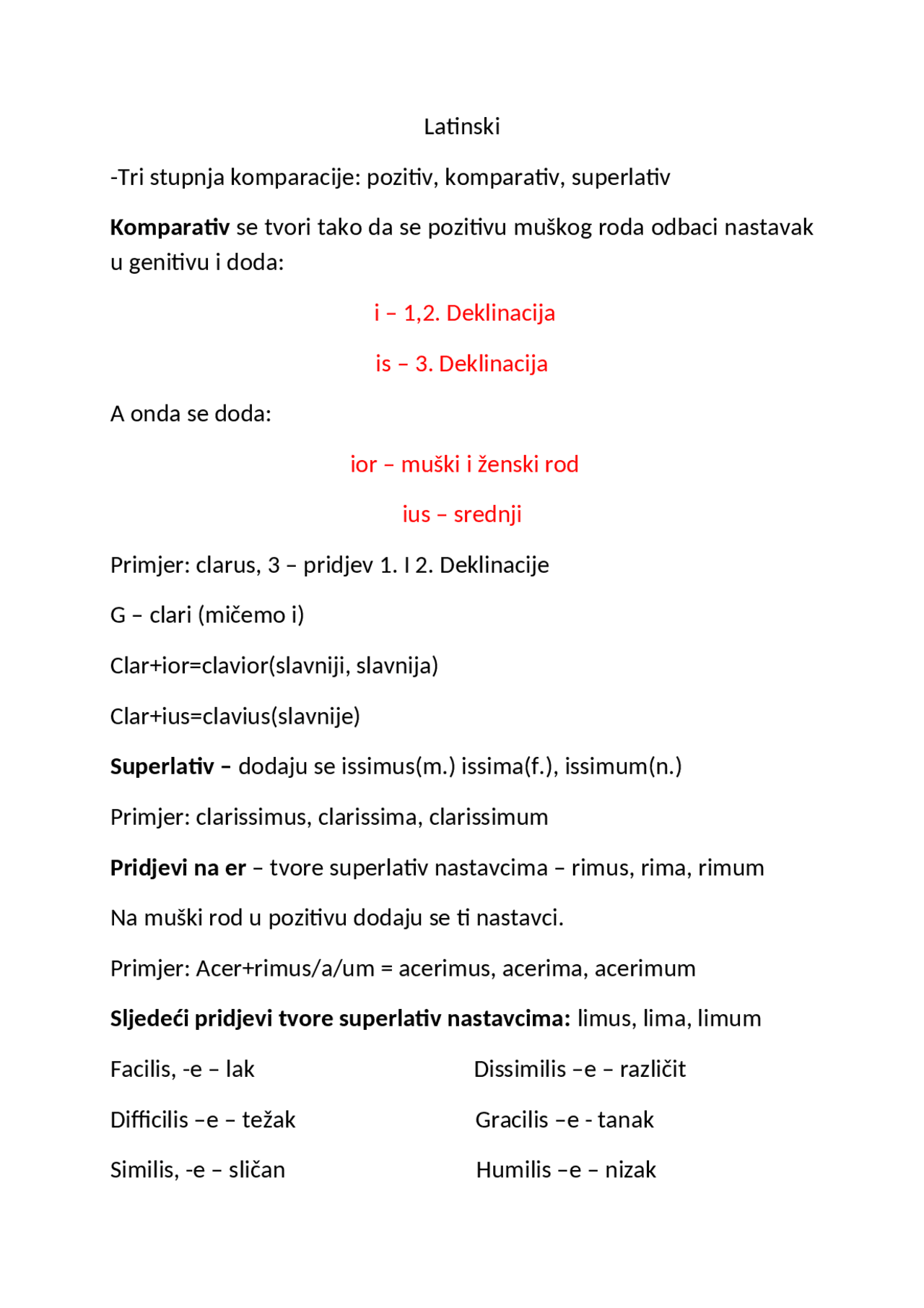 Latinski Komparacija Beleške Predlog Latinski Jezik Docsity