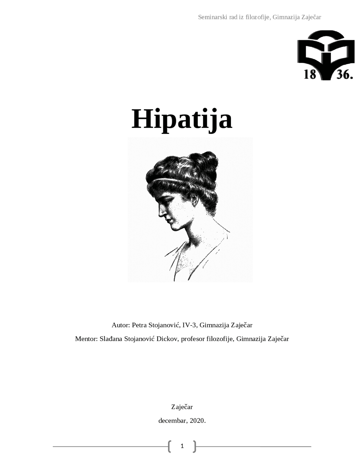 Hipatija - život i stvaranje | Seminarski radovi od Filozofija | Docsity
