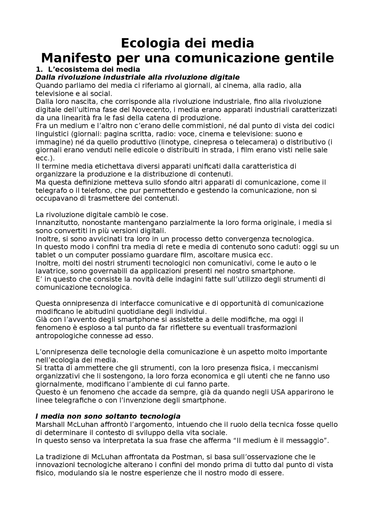 Ecologia Dei Media Manifesto Per Una Comunicazione Gentile Docsity
