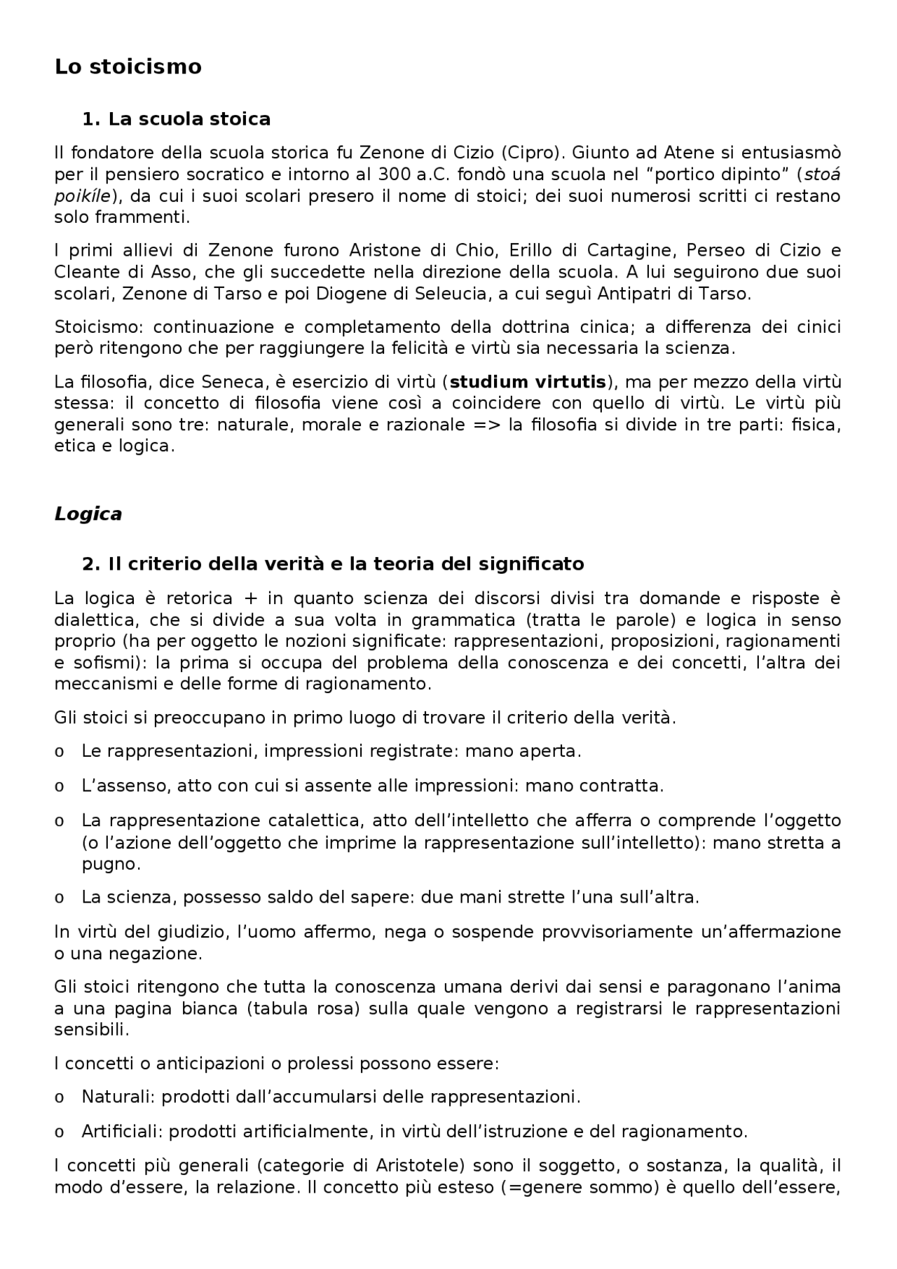 Lo Stoicismo Riassunto Appunti Di Filosofia Docsity