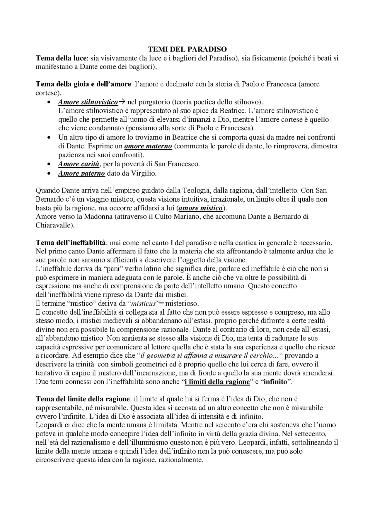 Paradiso Divina Commedia Temi Docsity