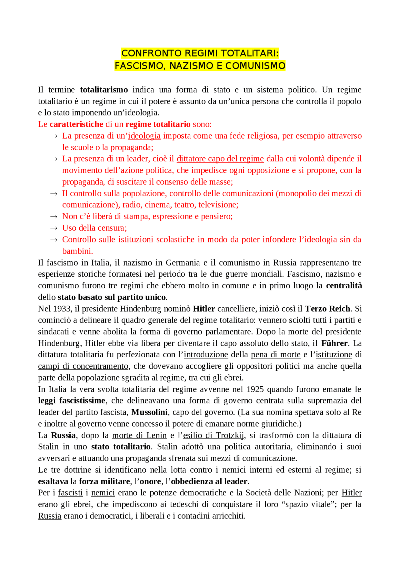 Confronto Tra I Tre Totalitarismi Appunti Di Storia Docsity