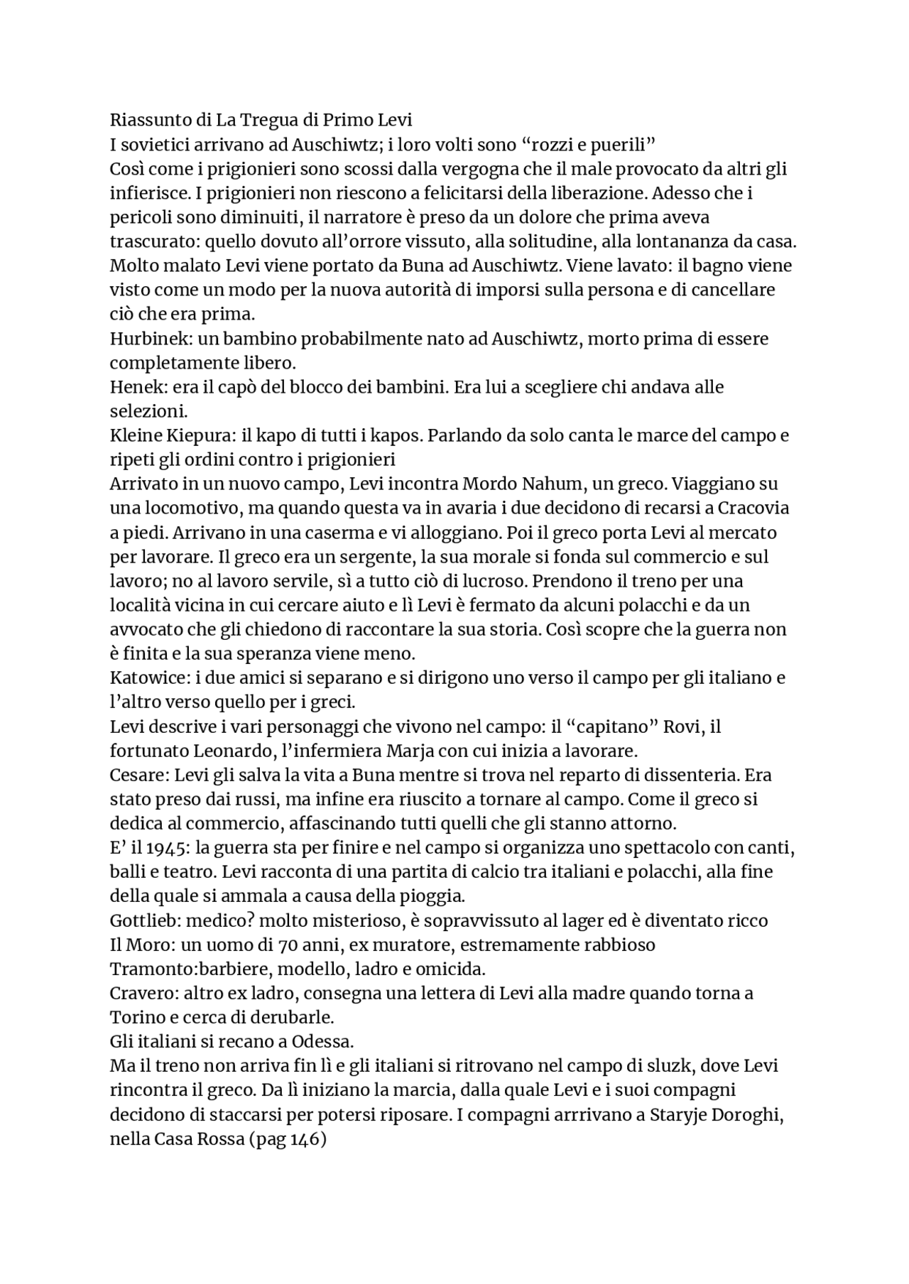 Riassunto La Tregua di Primo Levi - Docsity