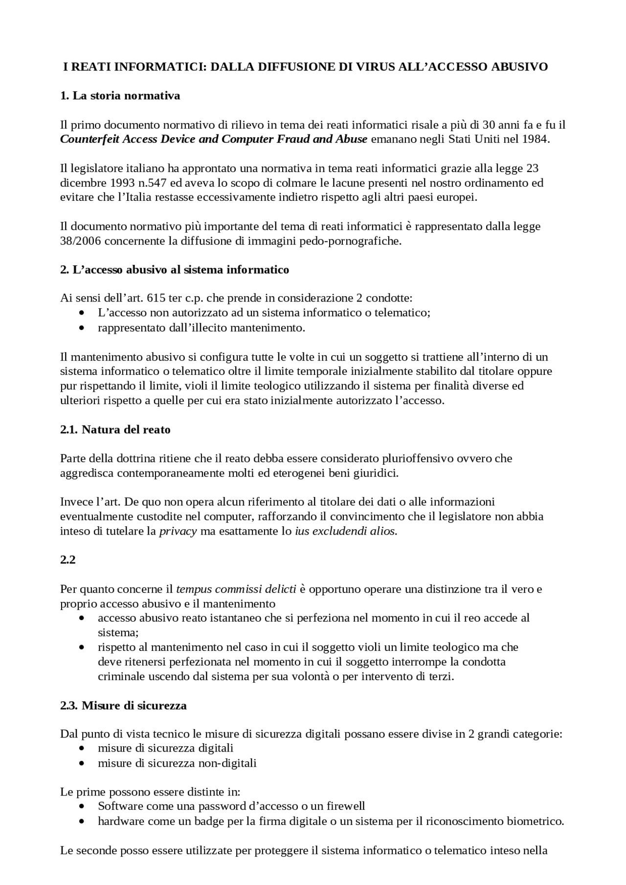 Riassunto I Reati Informatici Docsity