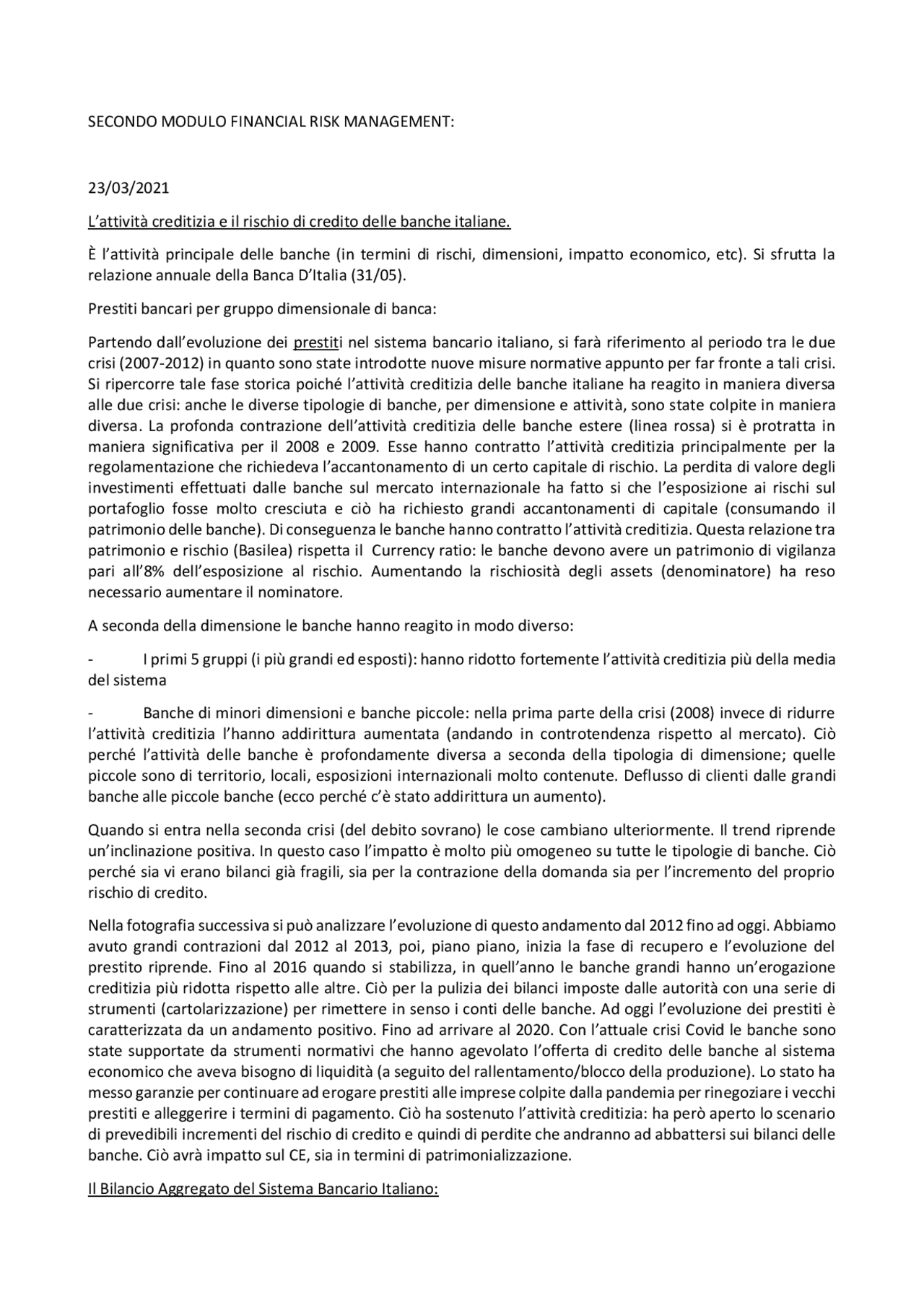 Secondo modulo Financial risk management - Docsity