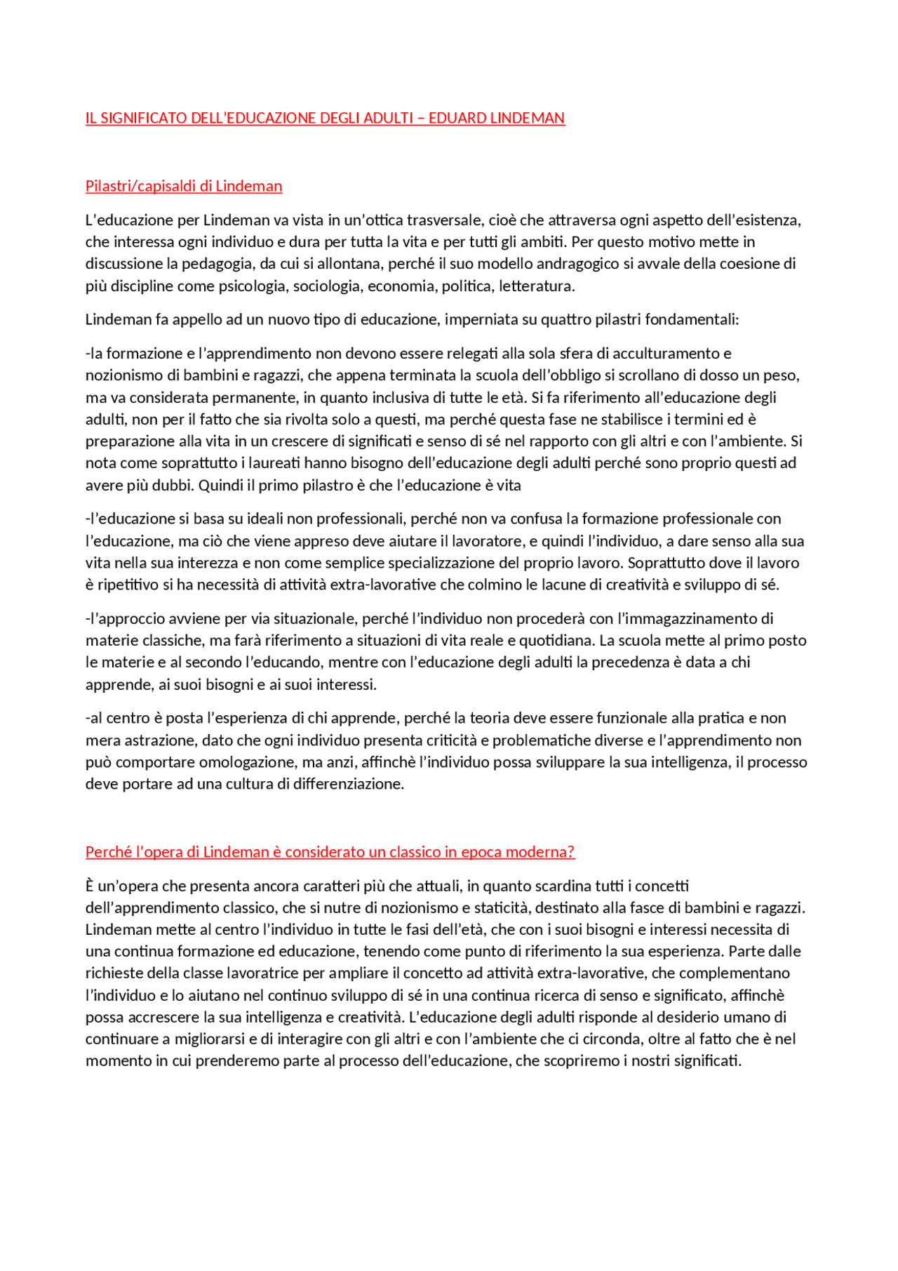 Il significato dell'educazione degli adulti di Eduard Lindeman - Docsity