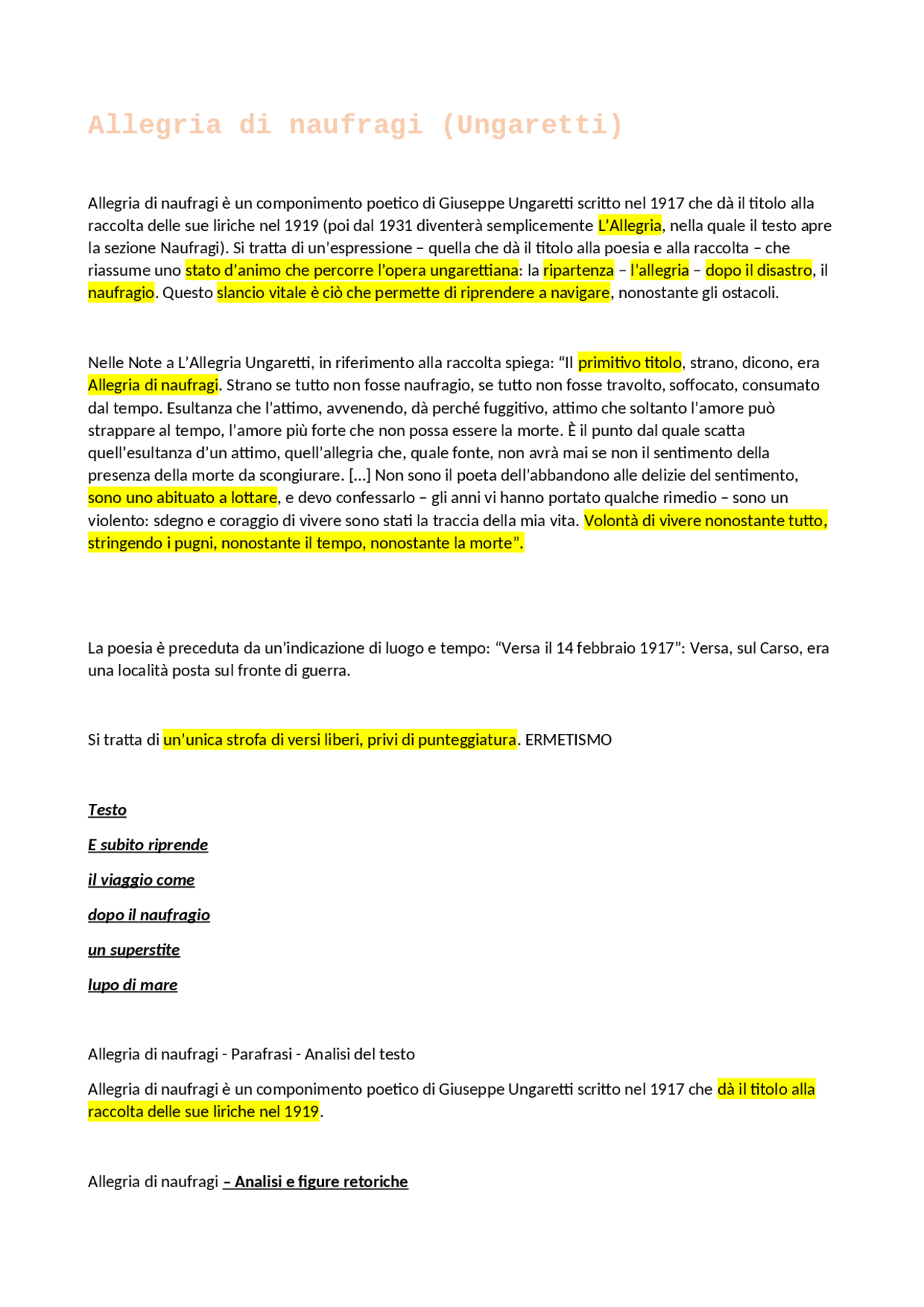 Naufragi Di Ungaretti Docsity