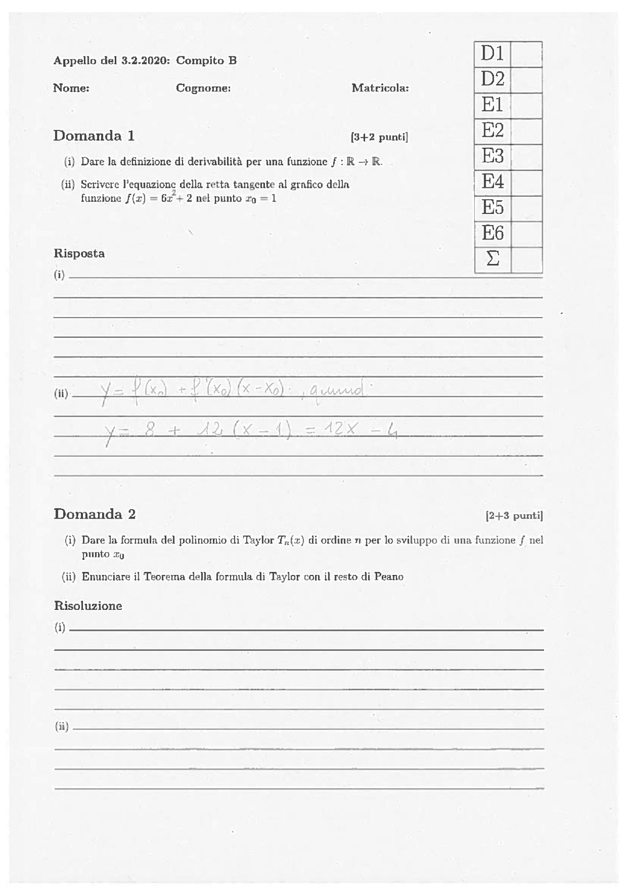 Soluzione compito di analisi matematica. - Docsity