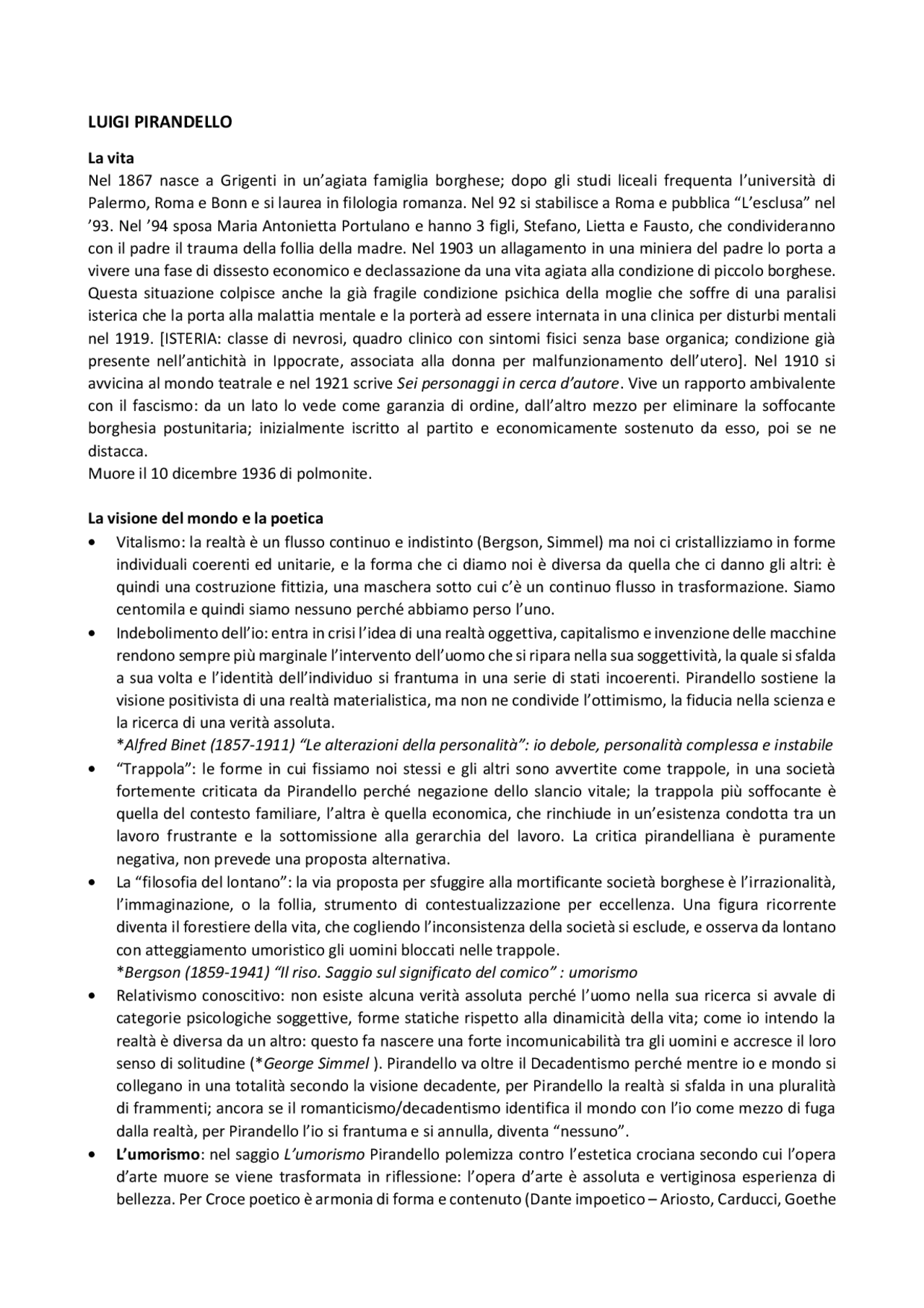 Luigi Pirandello-vita, pensiero e opere | Resúmenes de Italiano | Docsity