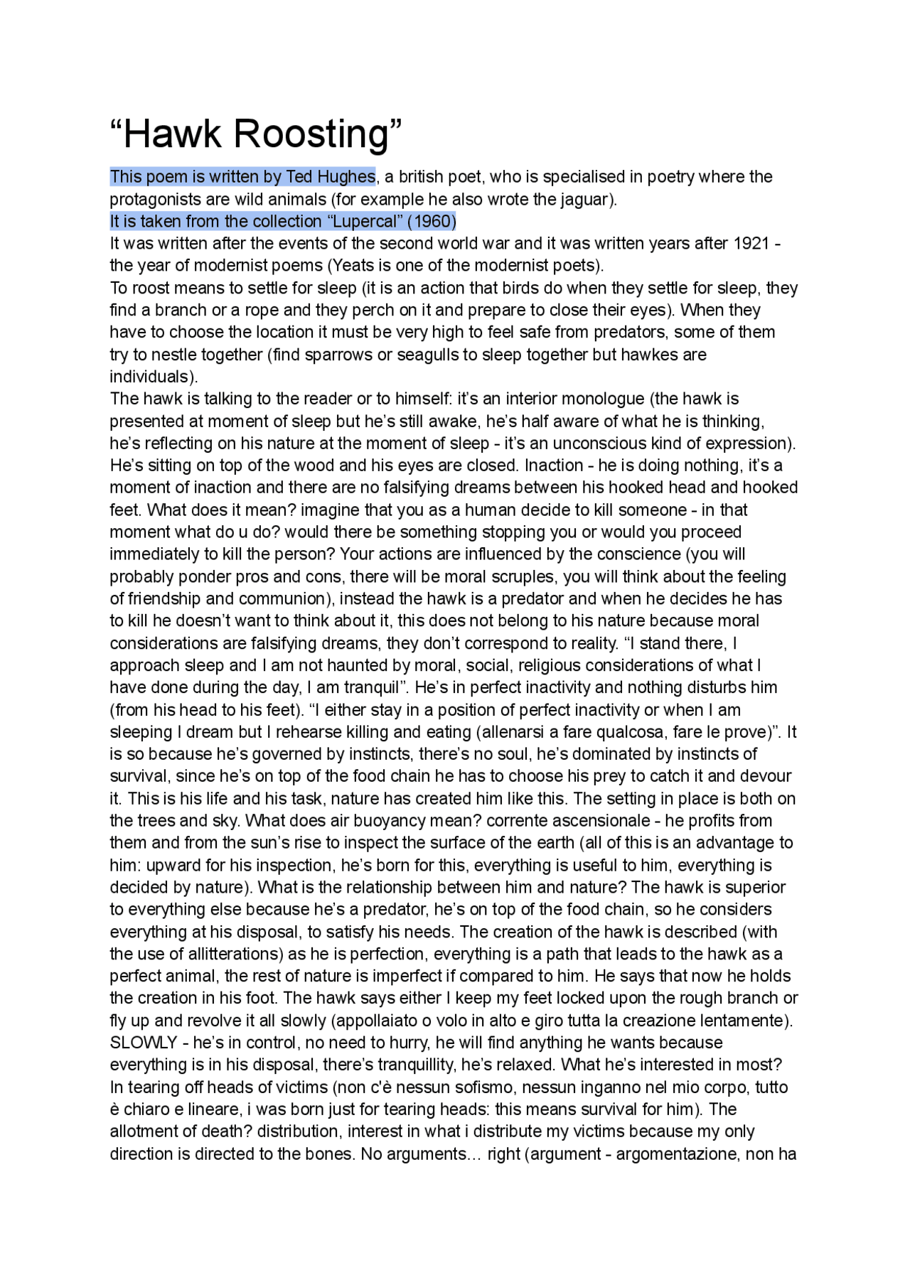 Analisi di "Hawk Roosting" di Ted Hughes | Appunti di Inglese | Docsity