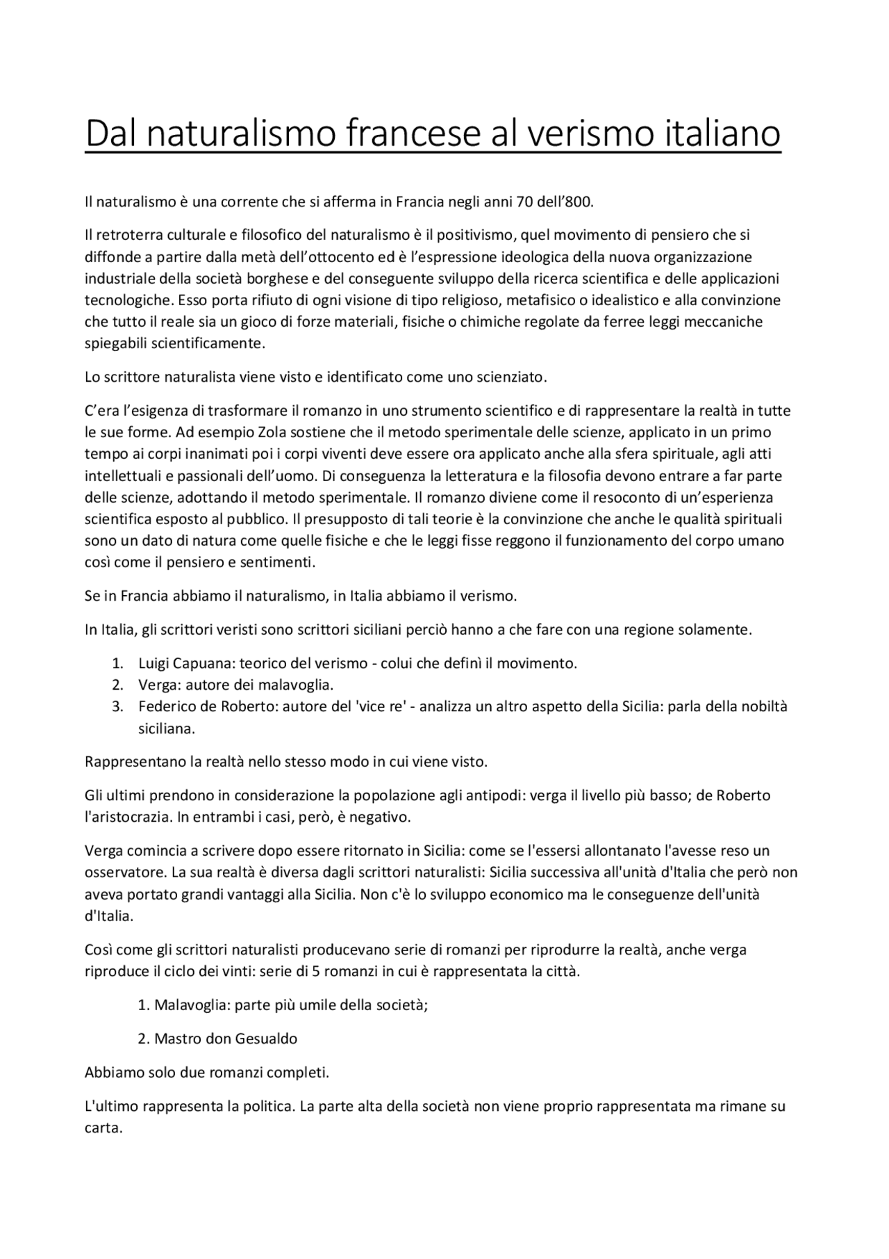 Differenza Tra Naturalismo Francese E Verismo Italiano Docsity