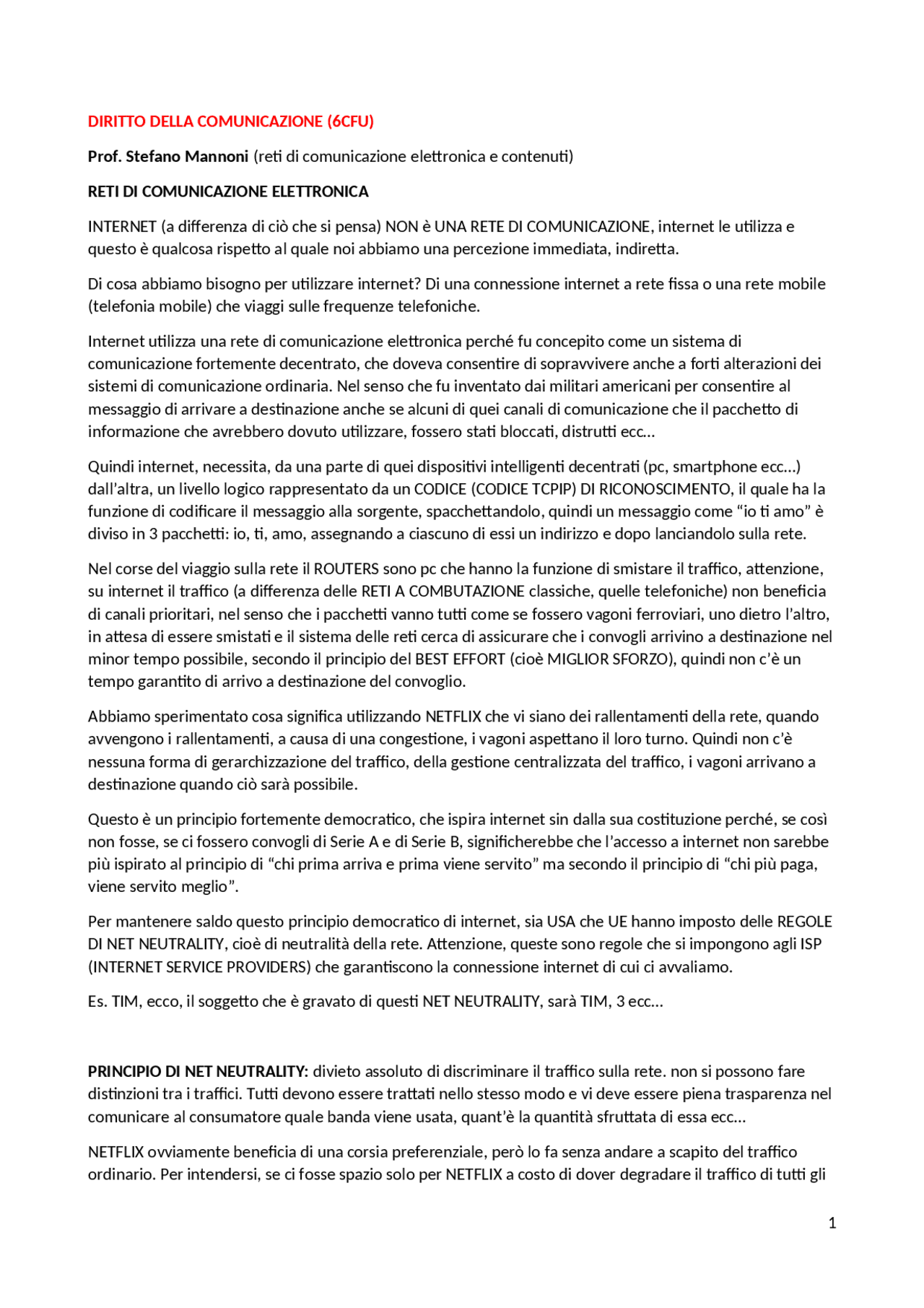 Appunti Diritto Della Comunicazione Parte Prof Stefano Mannoni Unifi