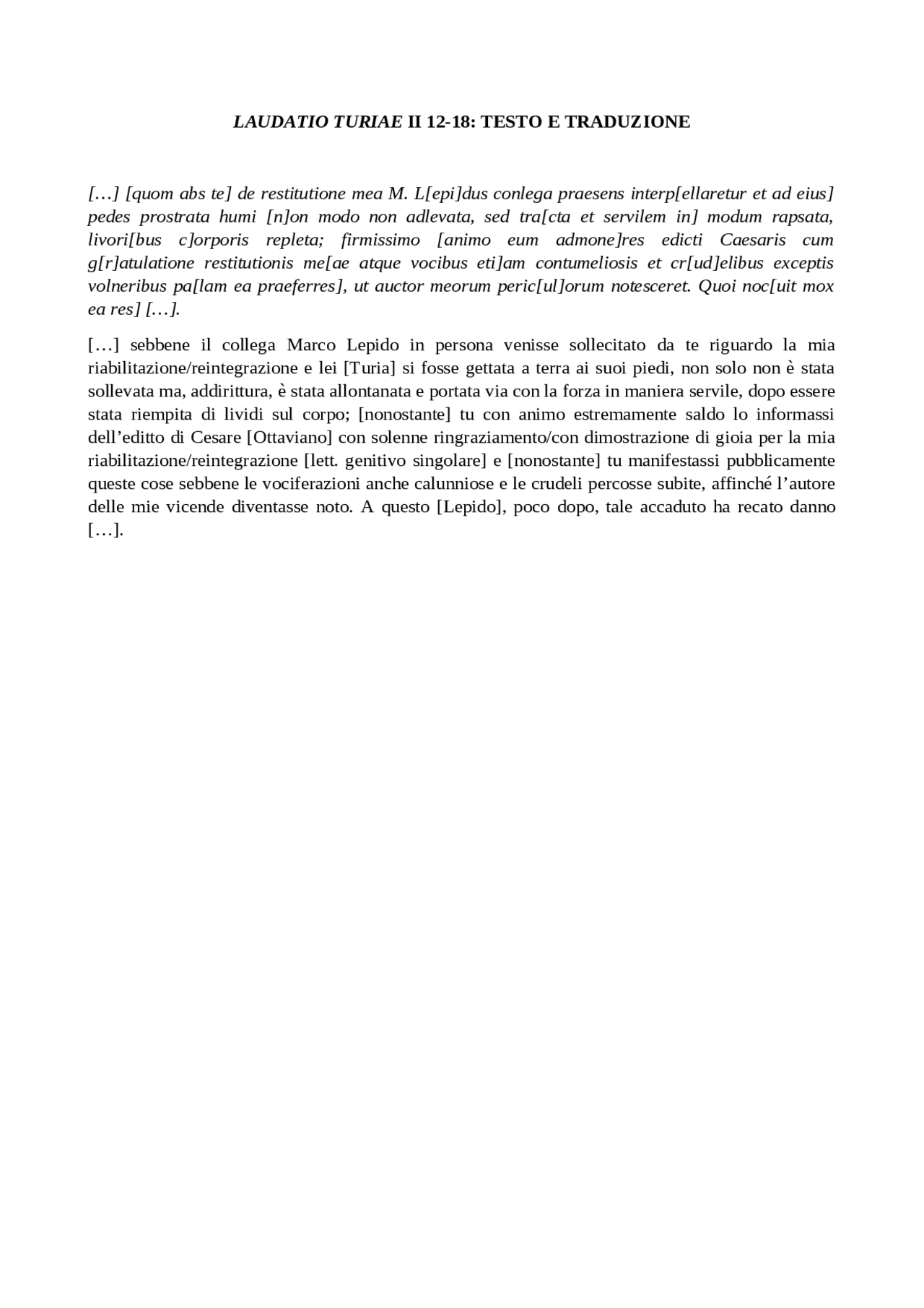 "Laudatio Turiae" II 12-18: testo e traduzione - Docsity