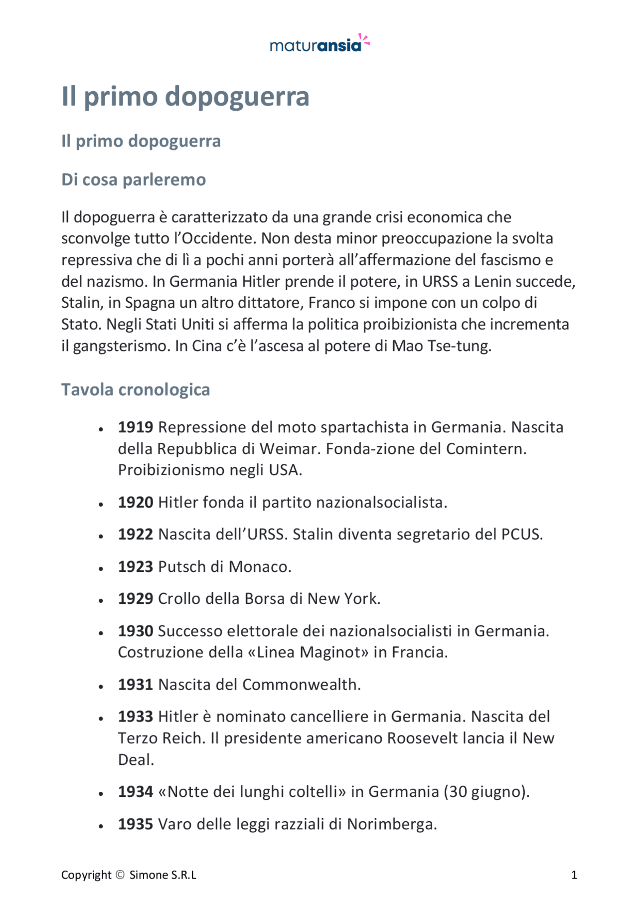 Il Primo Dopoguerra Appunti Docsity
