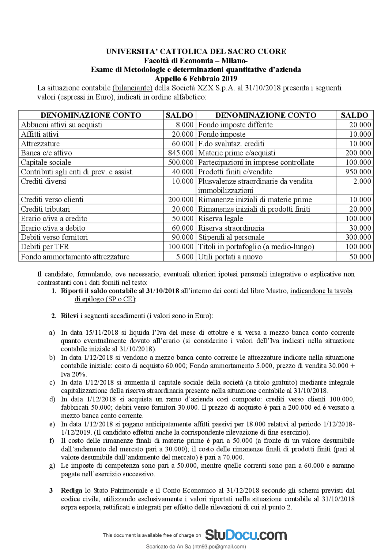 Esercizi Accounting Prf Lassini Esame 2019 Docsity