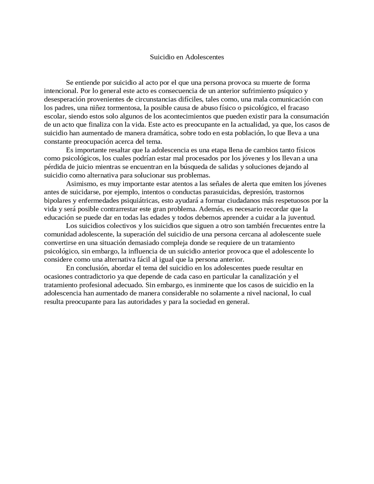Suicidio En Adolescentes Docsity