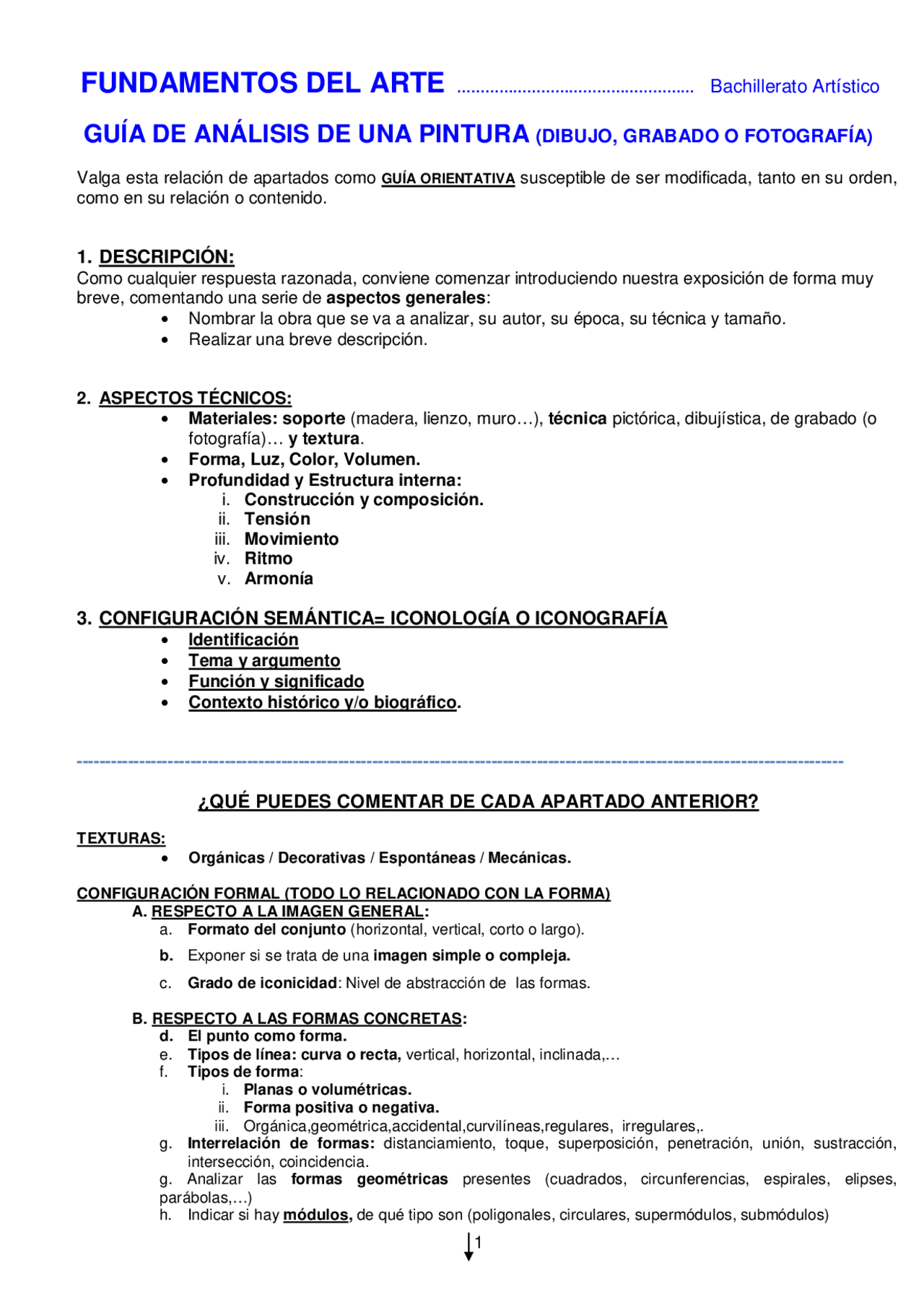 Guía para analizar Pintura H.Arte-Fundamentos del Arte - Docsity