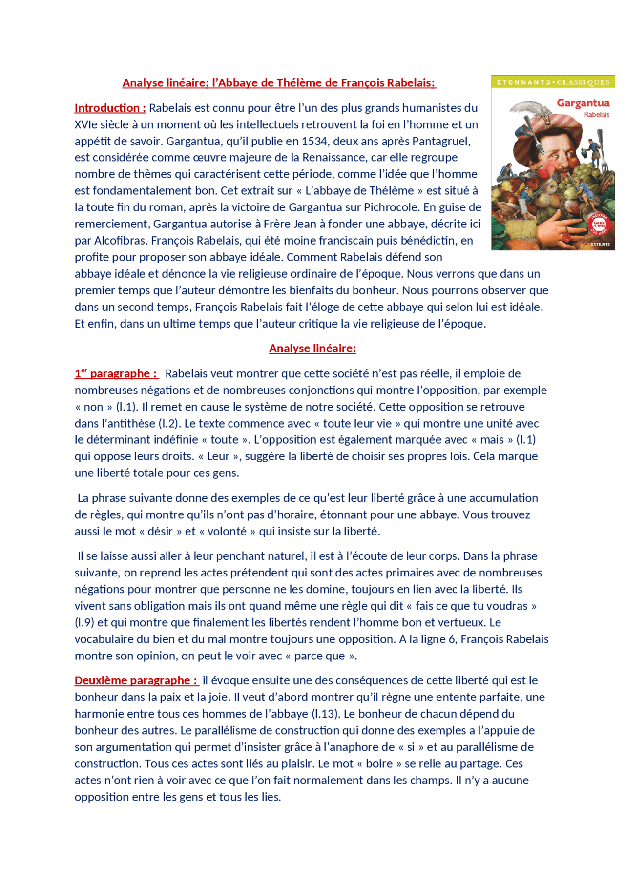 Analyse Linéaire Abbaye De Theleme Lectures Français Docsity