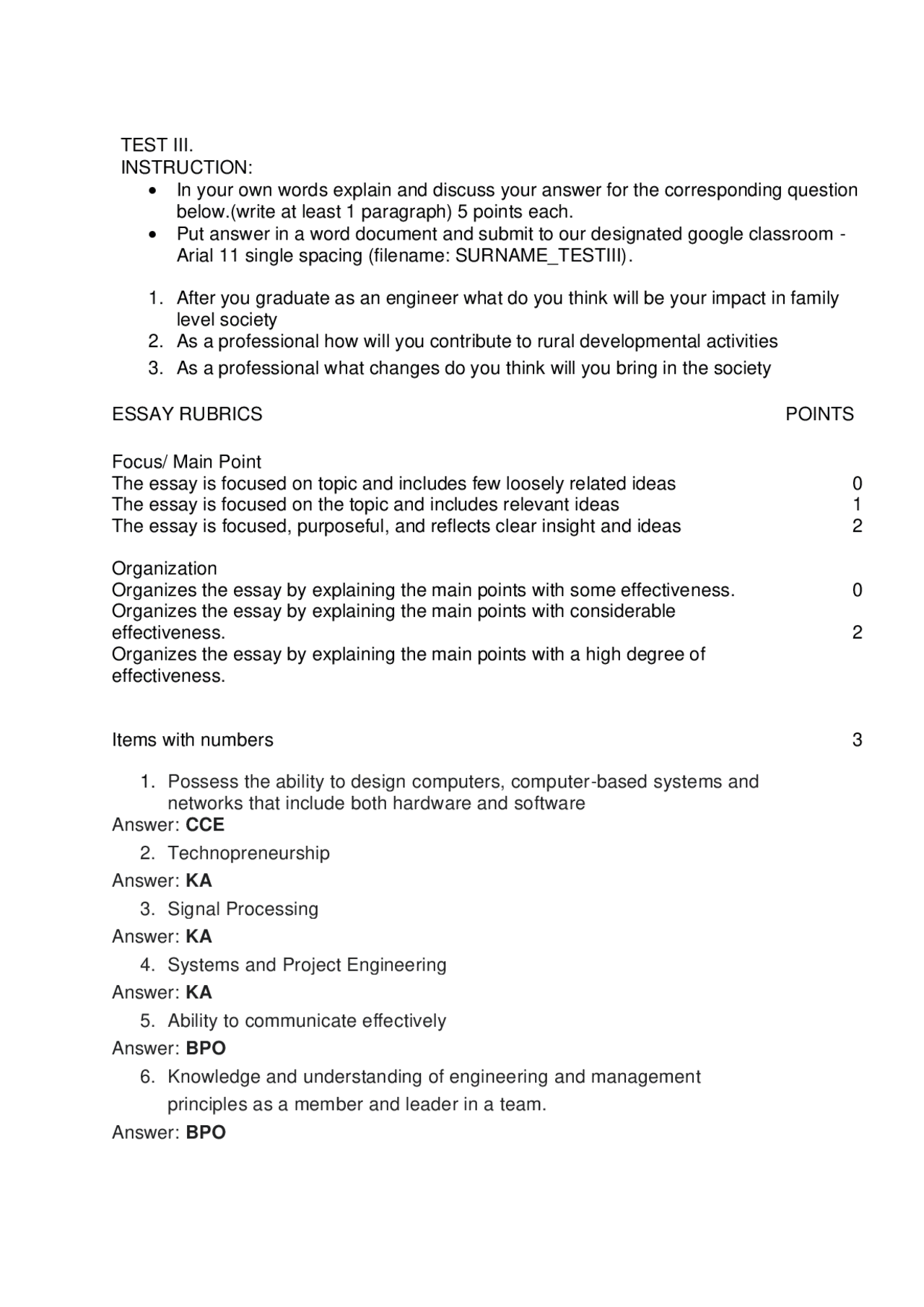 Key to correction in Test III Examination First Semester - Docsity