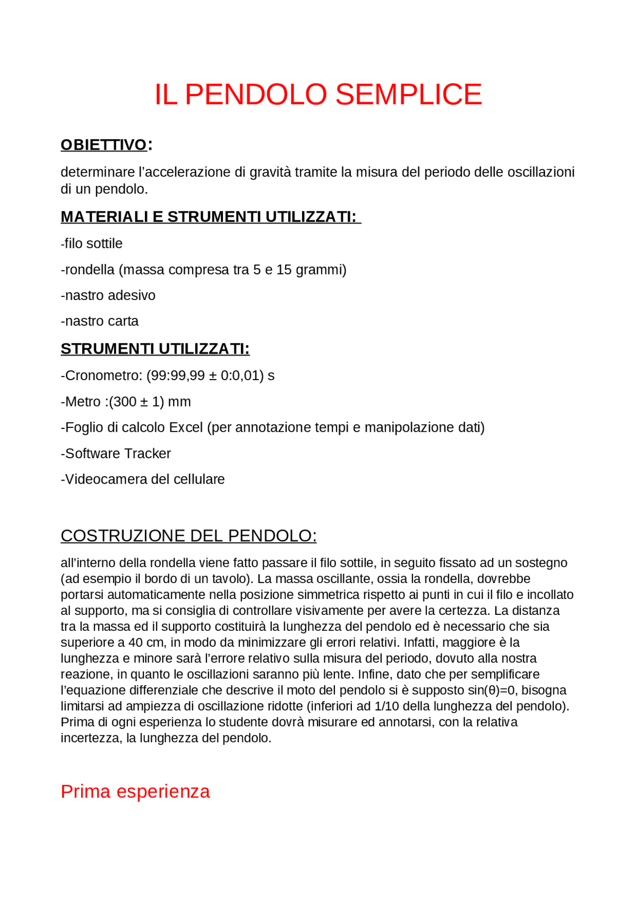 Relazione pendolo semplice | Guide, Progetti e Ricerche di Fisica | Docsity