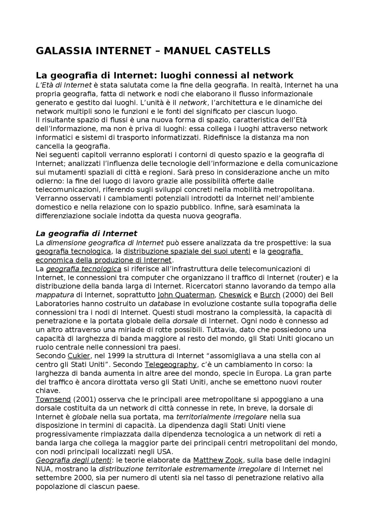 Riassunto Contributo M Castells Galassia Internet Docsity