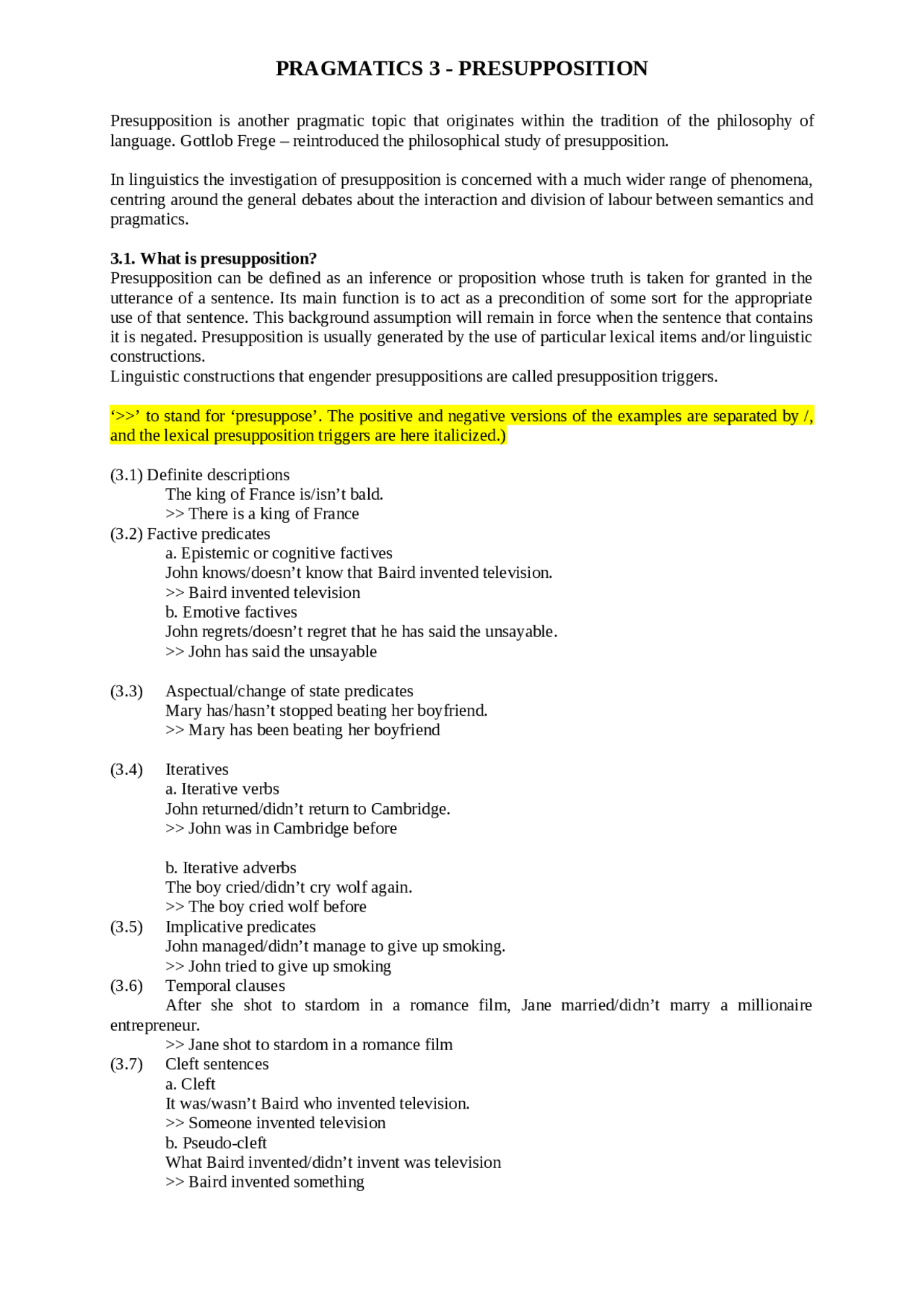 Pragmatics Lecture Notes Presuppositions Docsity