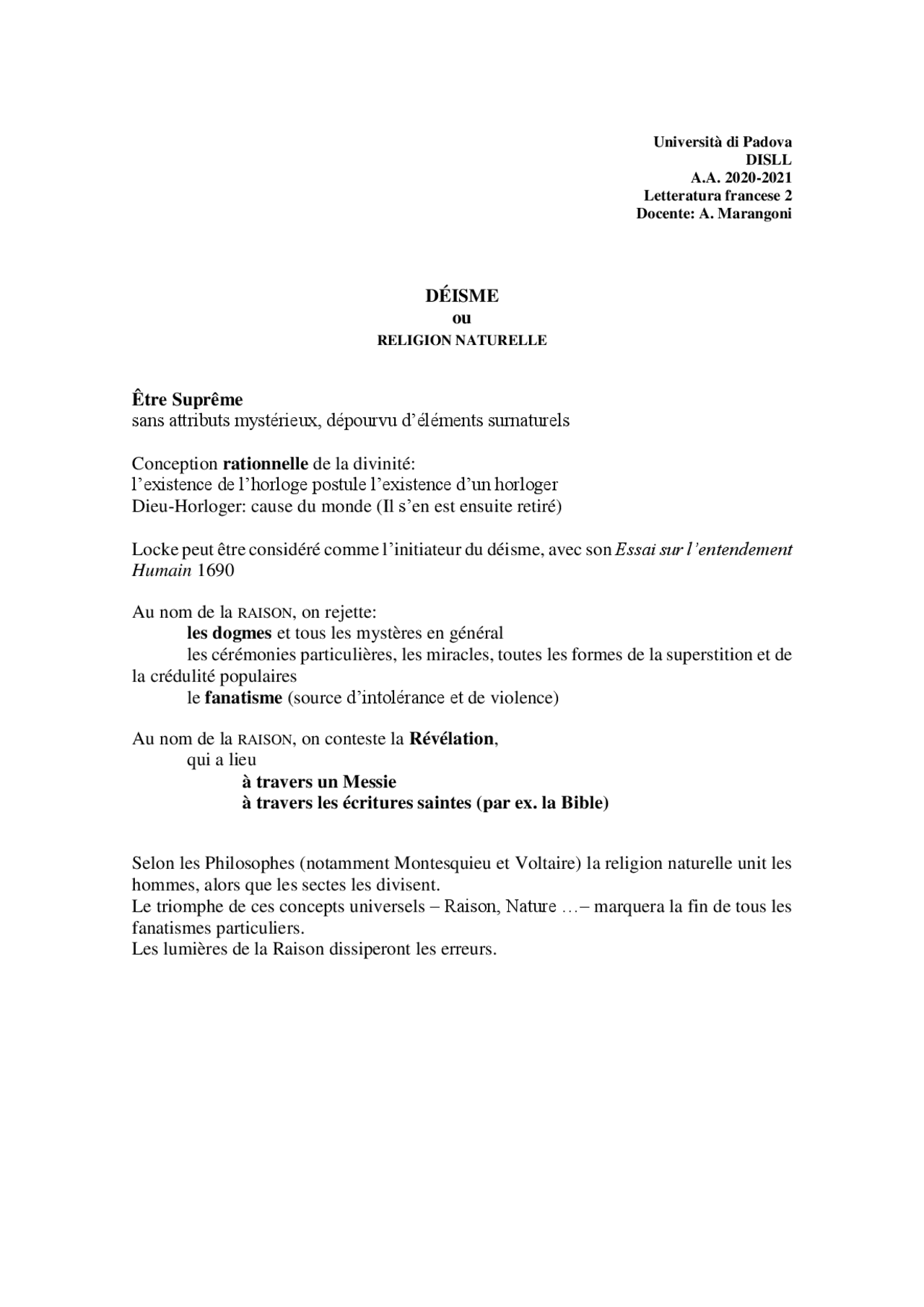 Scheda sulla religione deista e spiegazione - Docsity