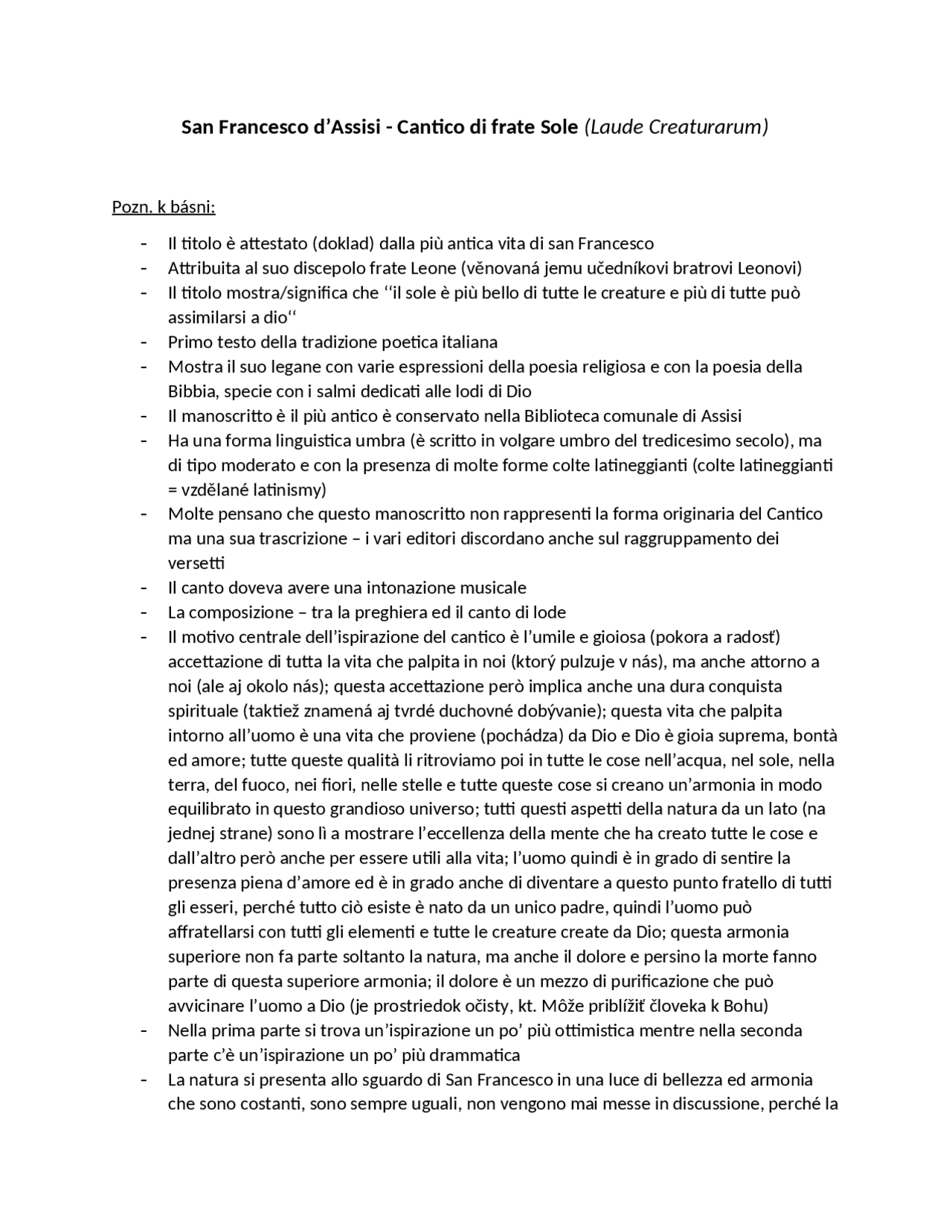 San Francesco - Cantico di frate Sole - riassunto | Study notes ...