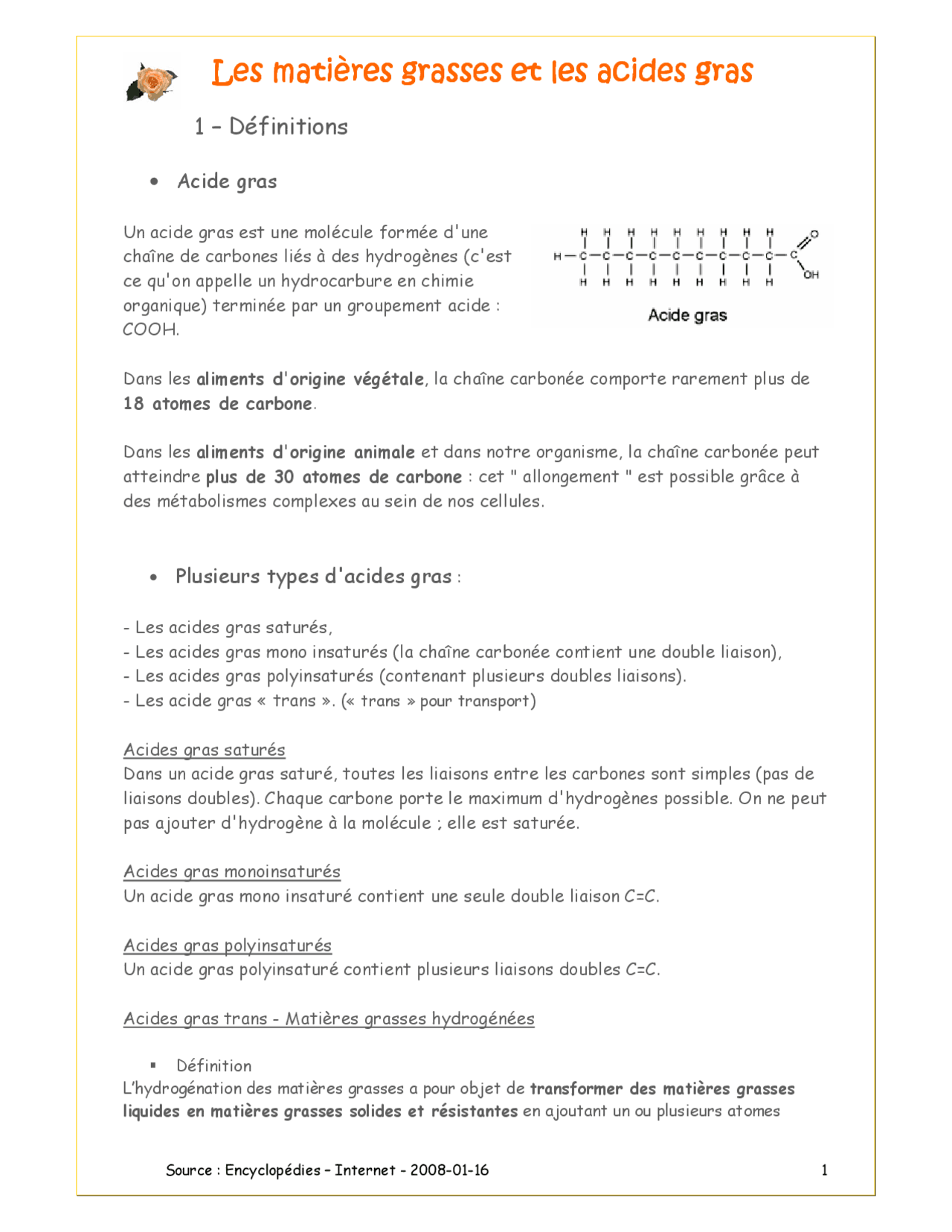 Les matières grasses et les acides gras: définitions - Docsity