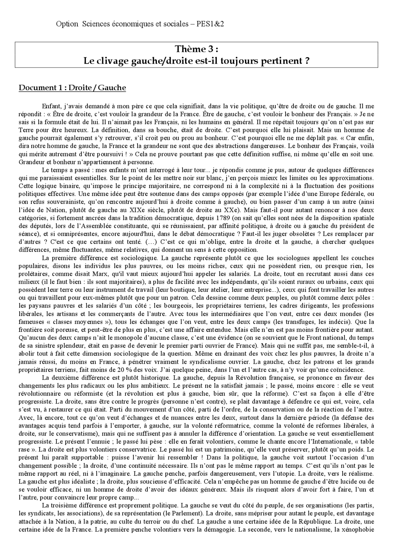 Le clivage gauche/droite est-il toujours pertinent? - Docsity