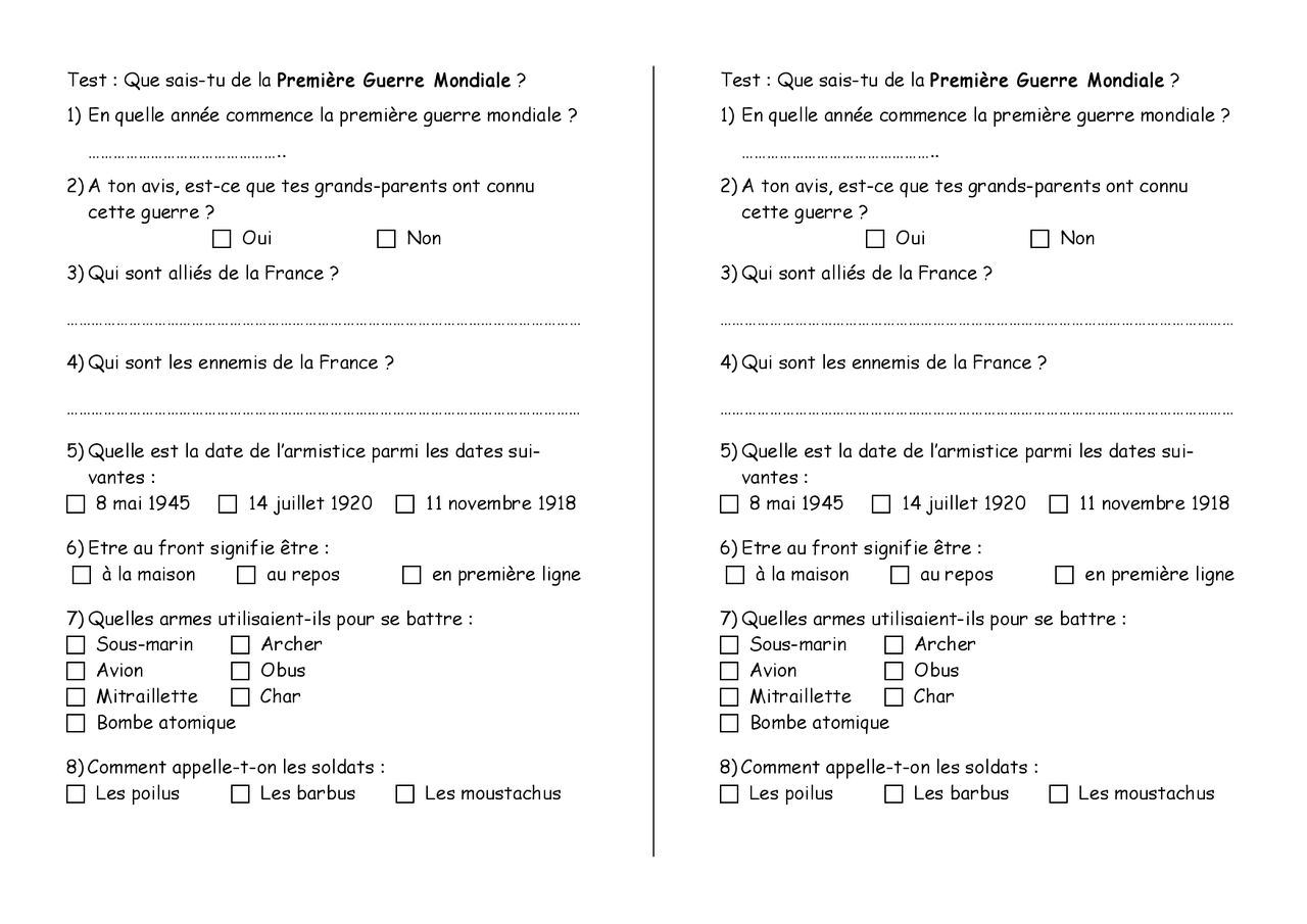 Questionnaire sur la Première Guerre Mondiale - Docsity